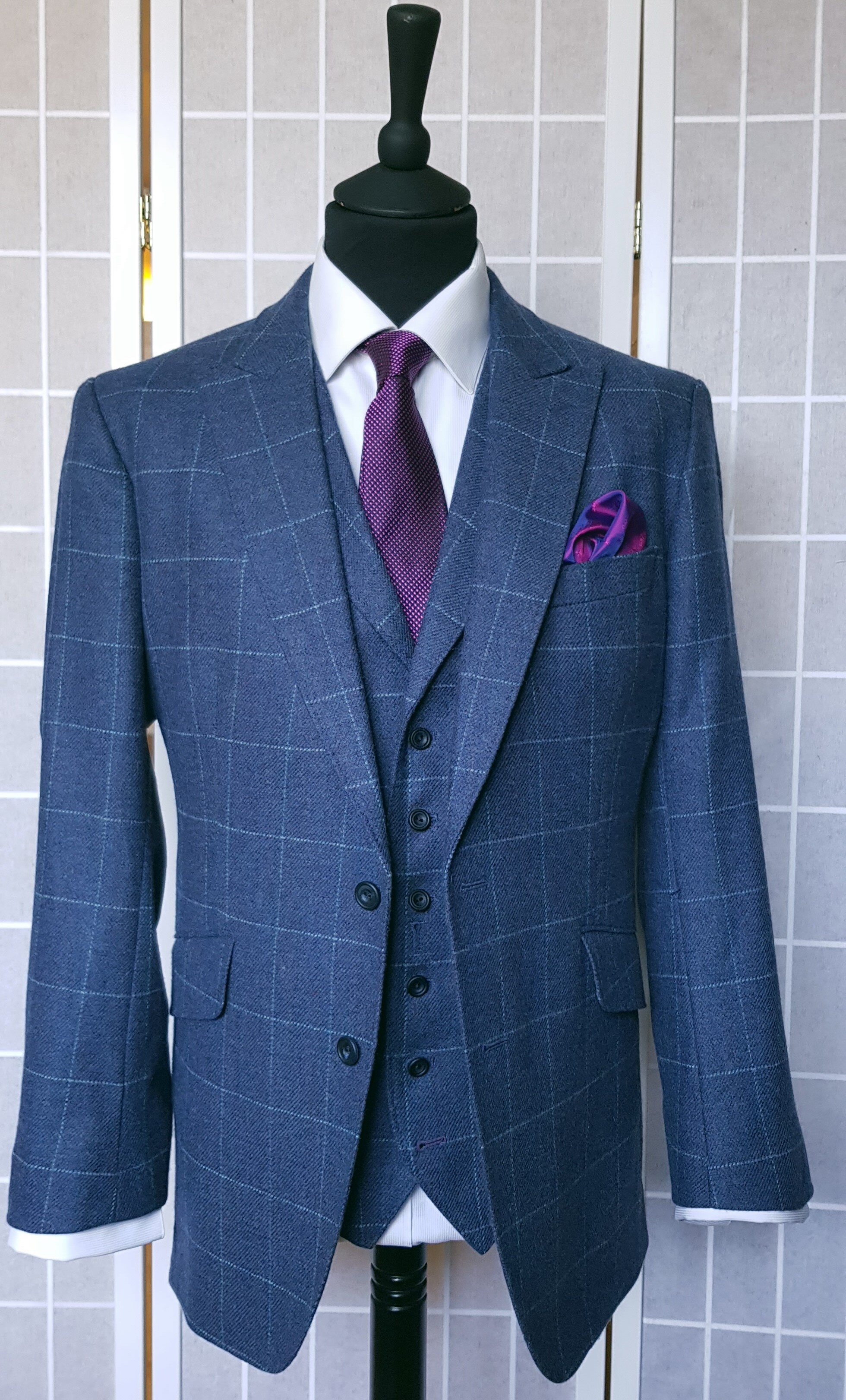 3 Piece Suit in Johnstons of Elgin Blue Check Tweed — TWEED ADDICT