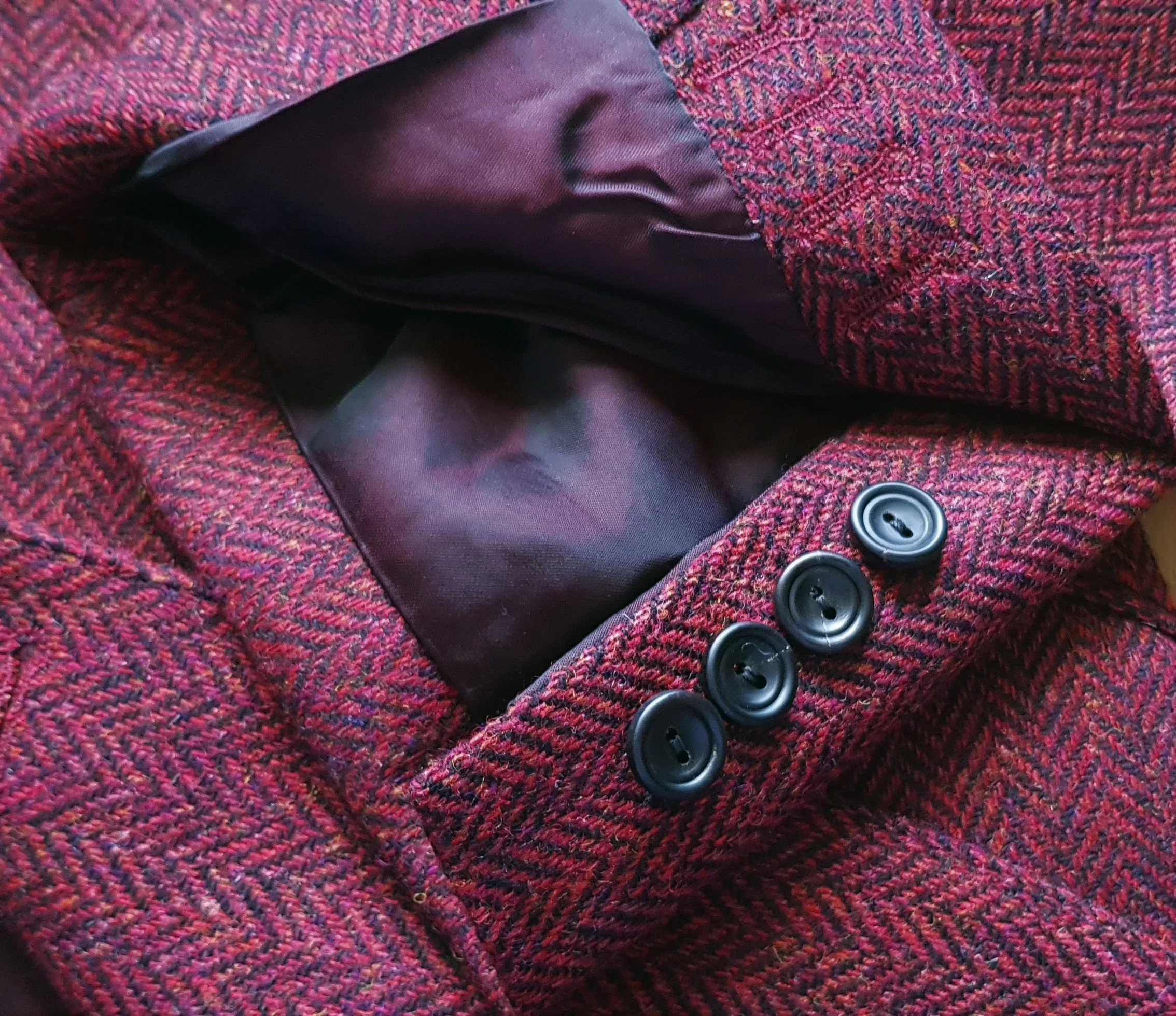 2 Button Jacket in Red Herringbone Holland and Sherry Tweed — TWEED ADDICT