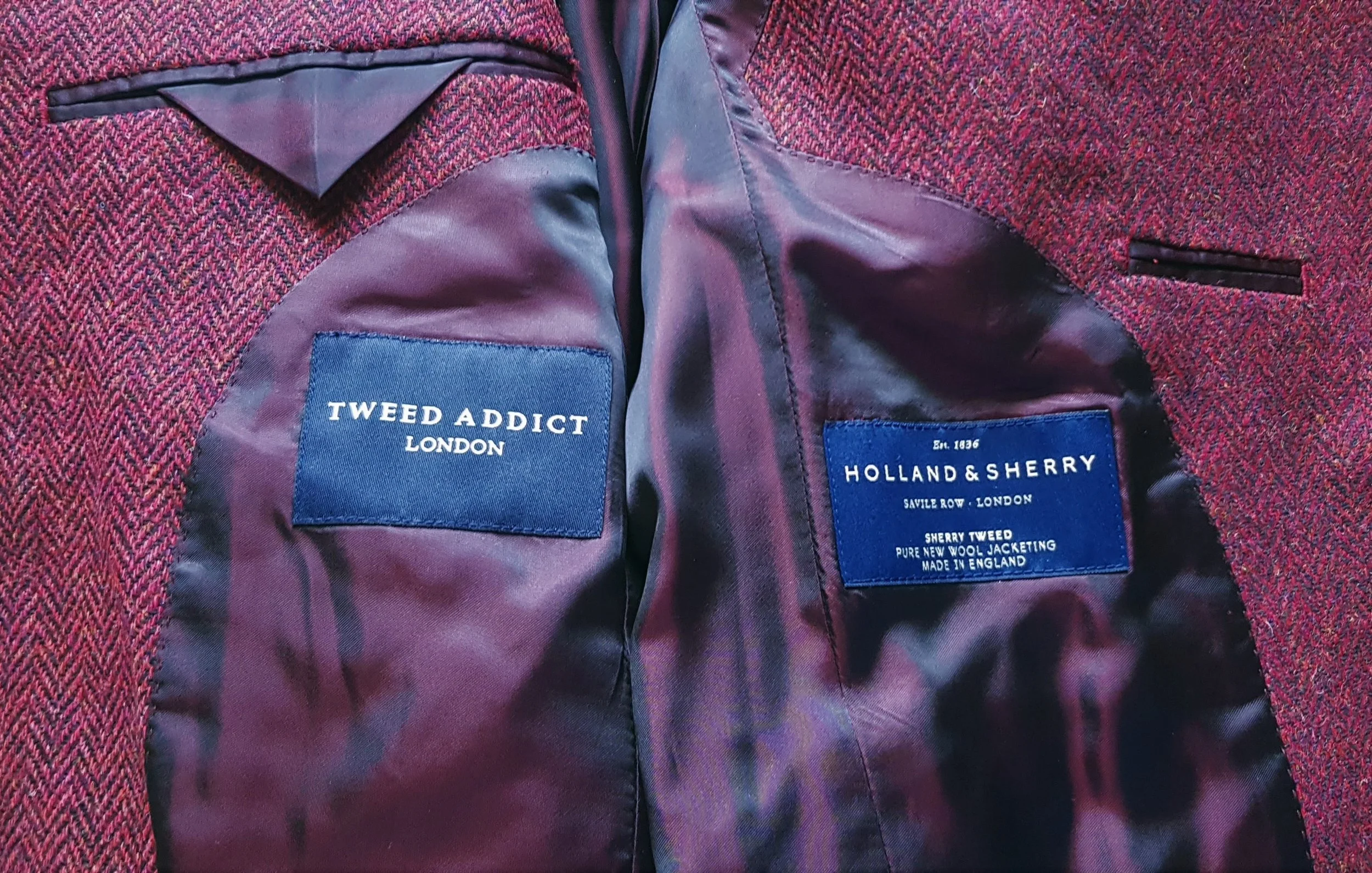 2 Button Jacket in Red Herringbone Holland and Sherry Tweed — TWEED ADDICT