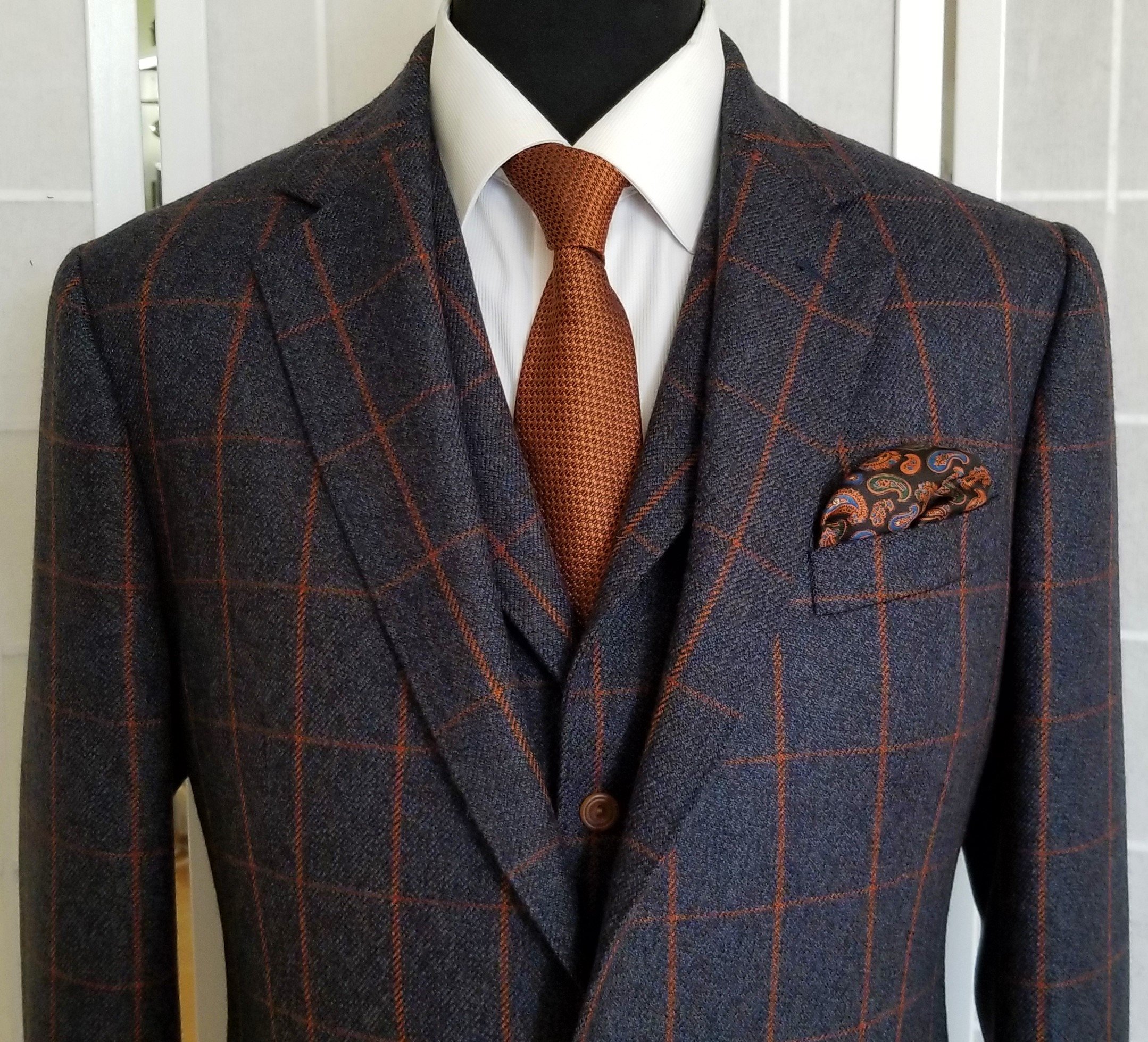 Navy Blue Blue Tweed Suit with Bold Orange Check — TWEED ADDICT
