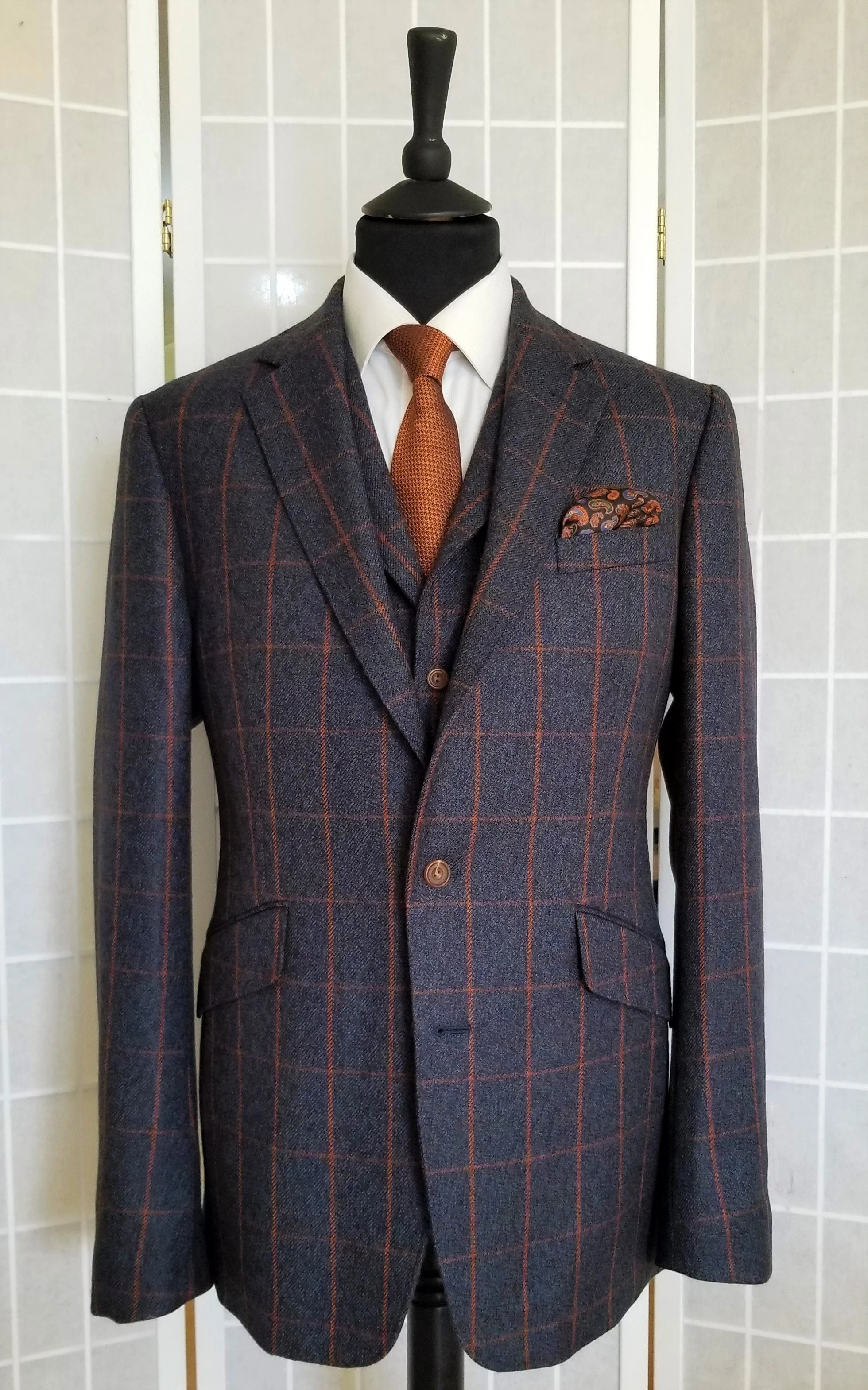 Navy Blue Blue Tweed Suit with Bold Orange Check — TWEED ADDICT
