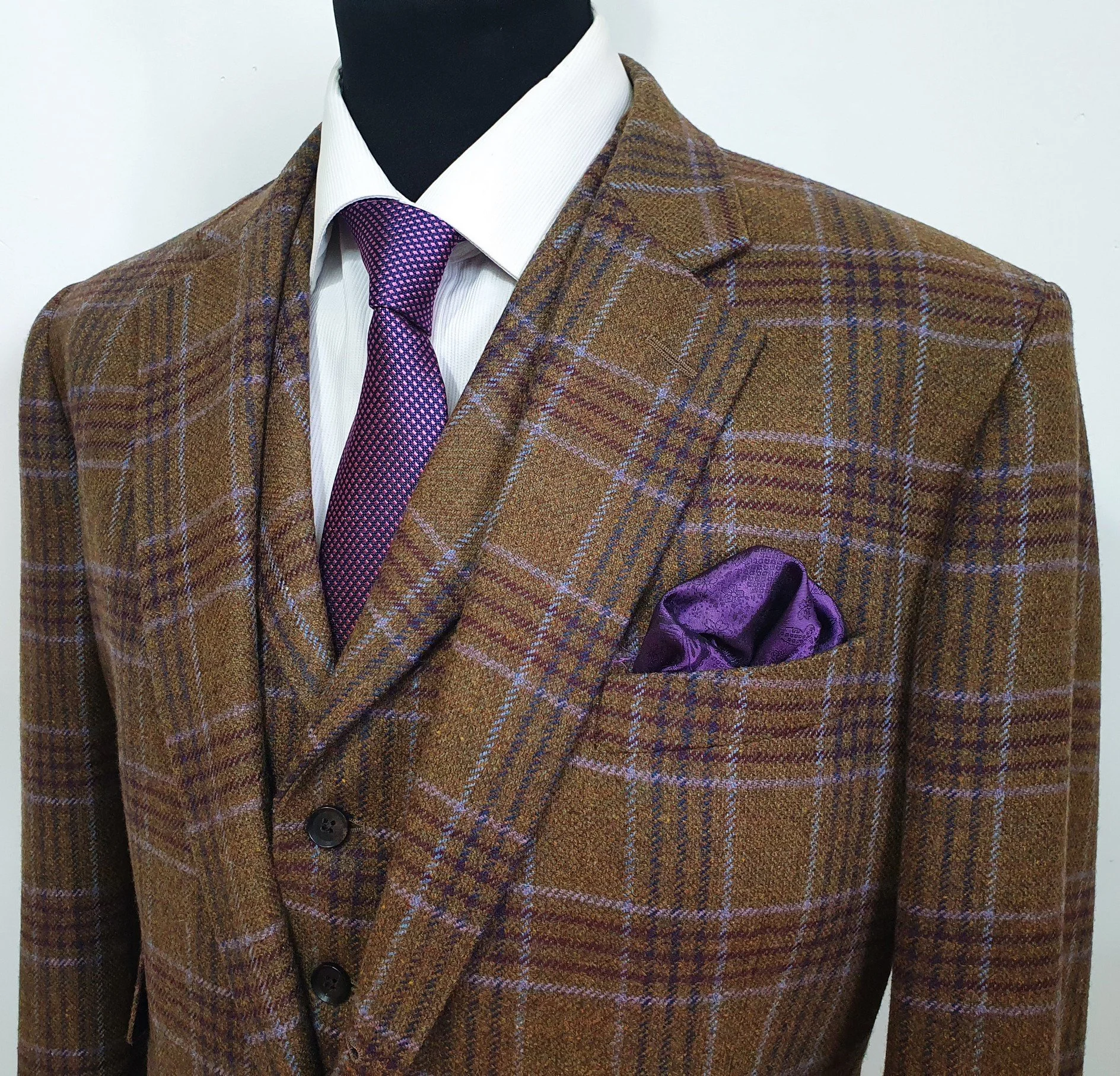 3 Piece Suit in Brown and Purple Check Lovat Mill Tweed — TWEED ADDICT