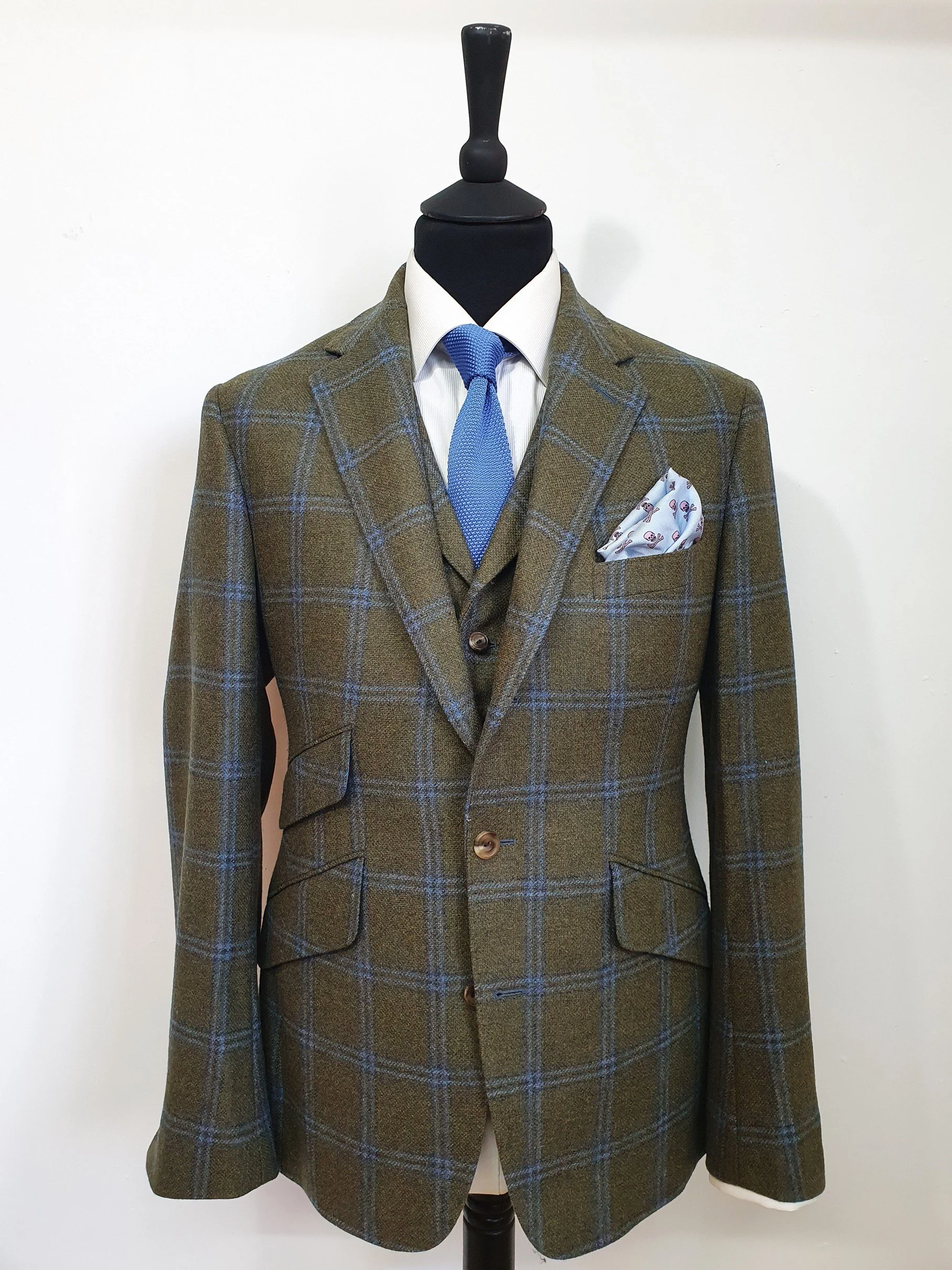 3 Piece Suit in Lovat Green Tweed with Blue Check — TWEED ADDICT