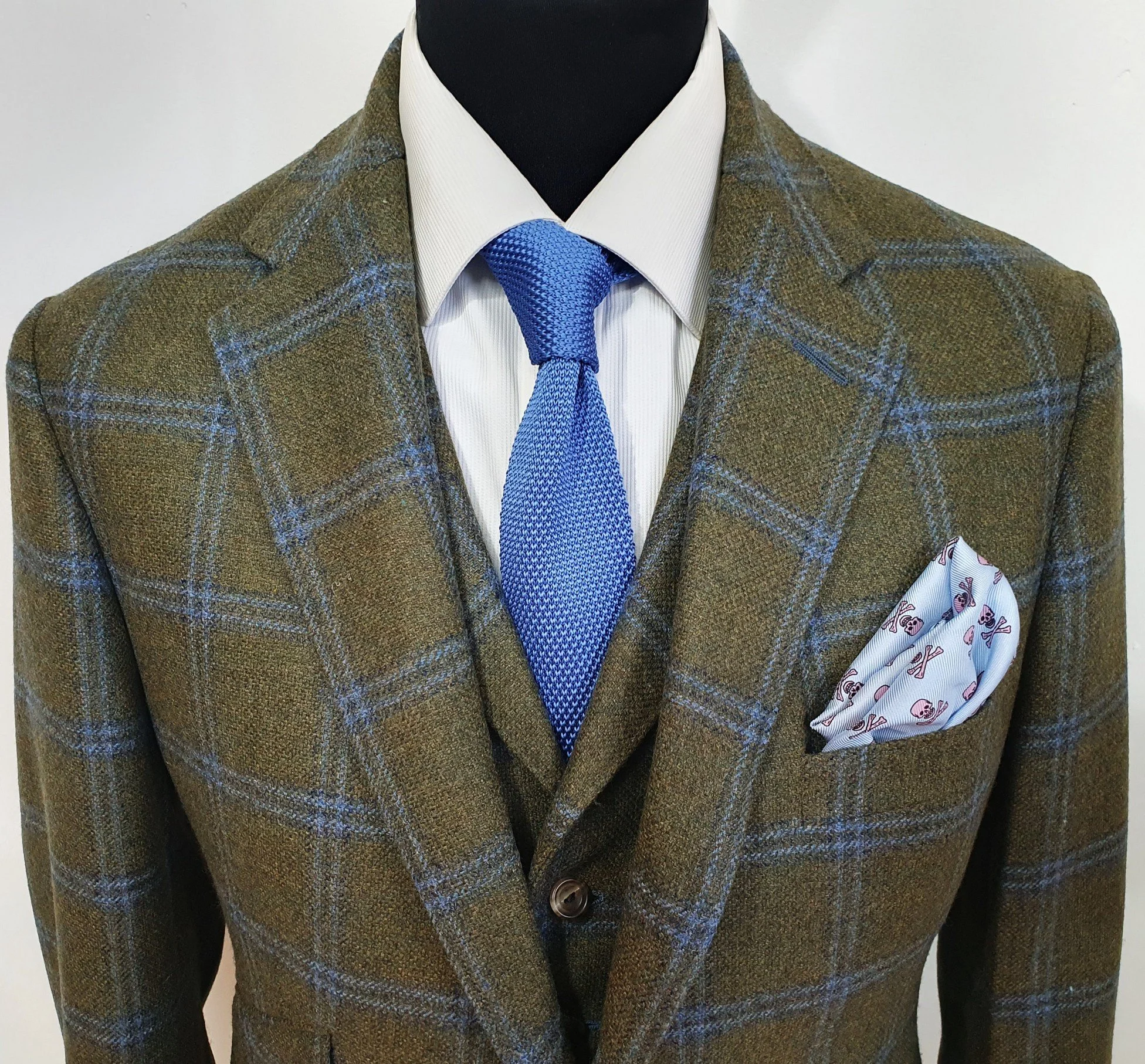 3 Piece Suit in Lovat Green Tweed with Blue Check — TWEED ADDICT
