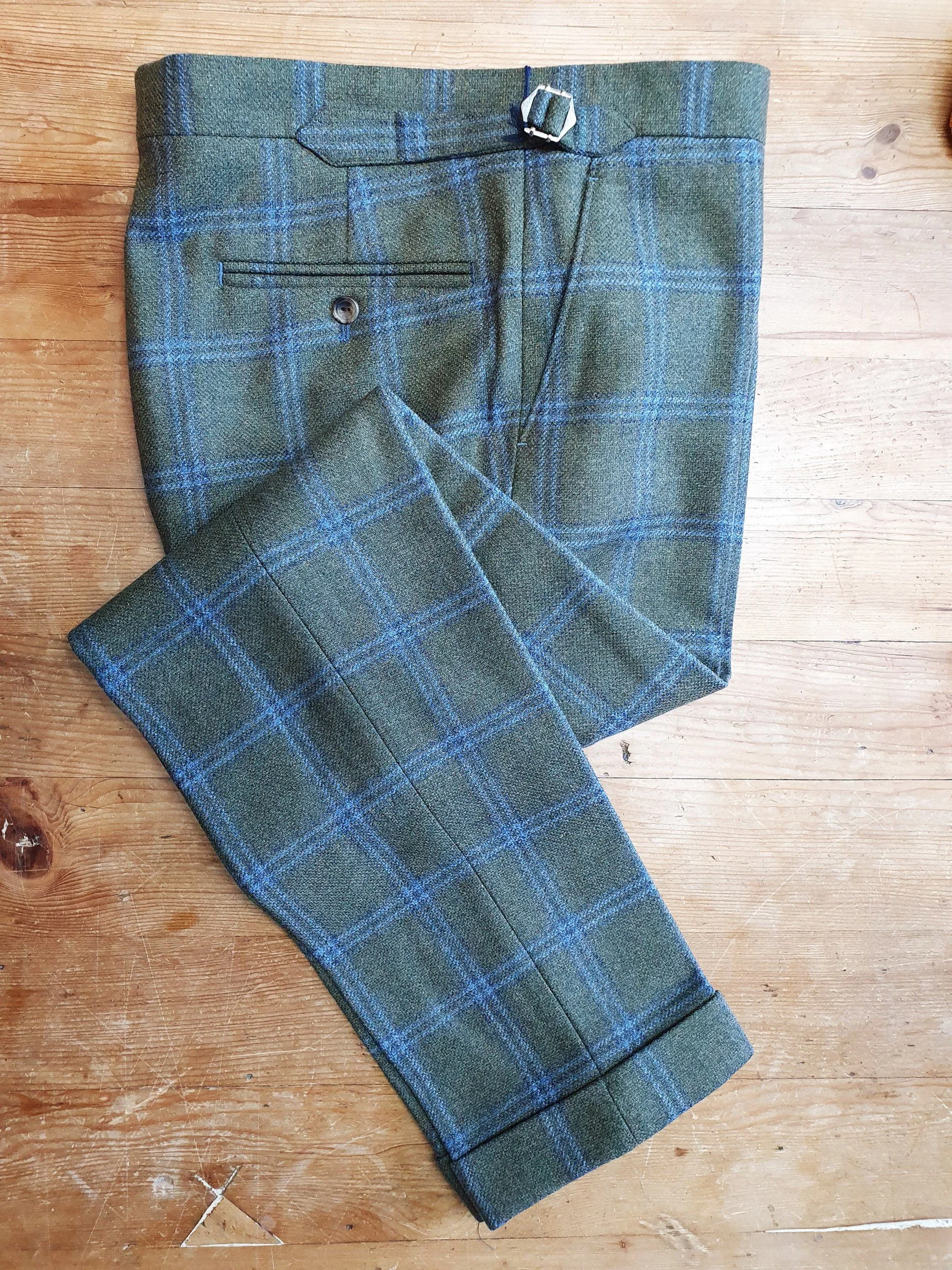 3 Piece Suit in Lovat Green Tweed with Blue Check — TWEED ADDICT