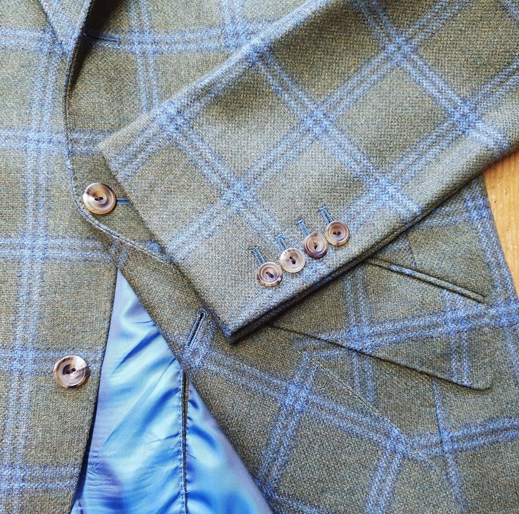 3 Piece Suit in Lovat Green Tweed with Blue Check — TWEED ADDICT
