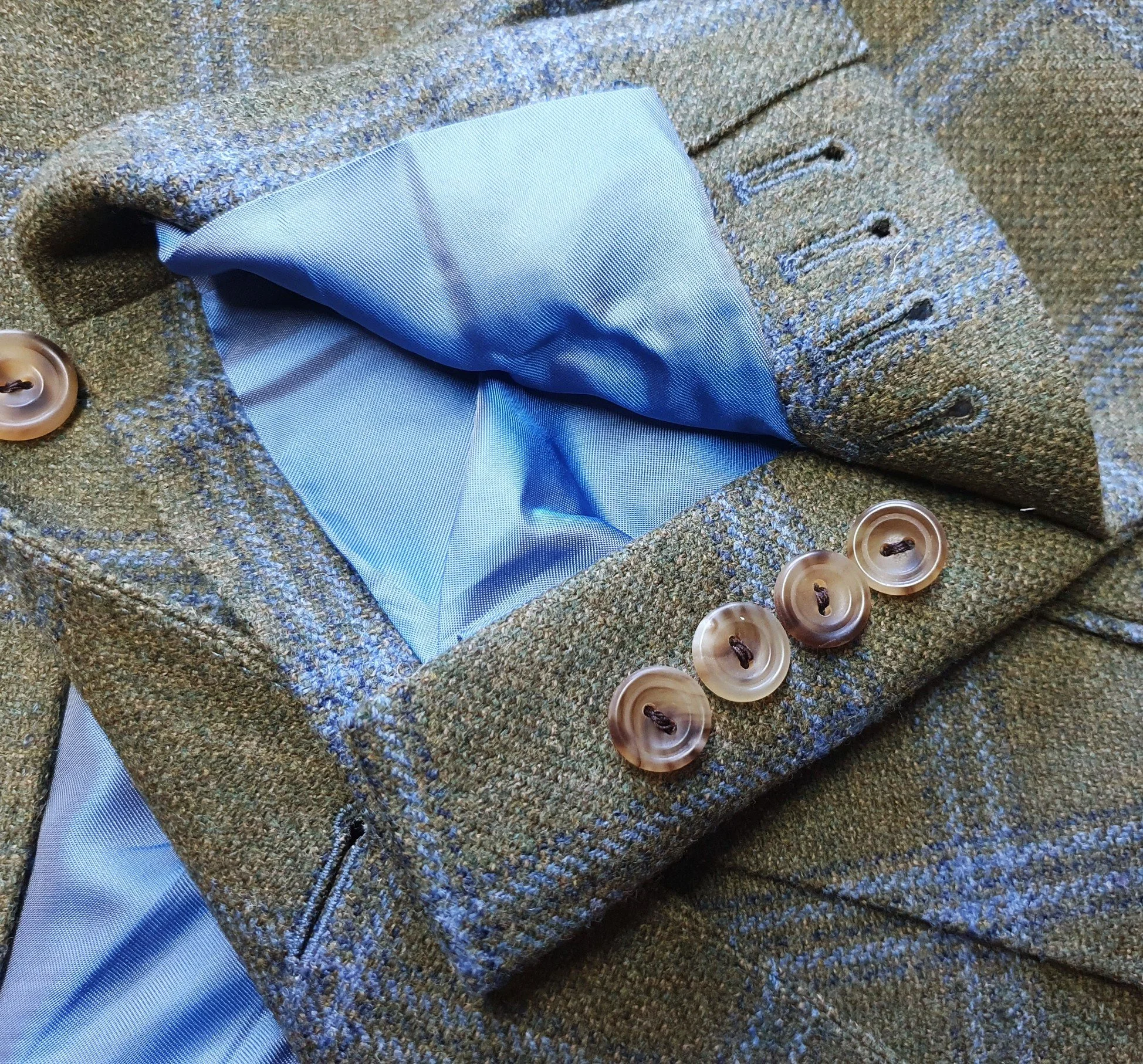 3 Piece Suit in Lovat Green Tweed with Blue Check — TWEED ADDICT