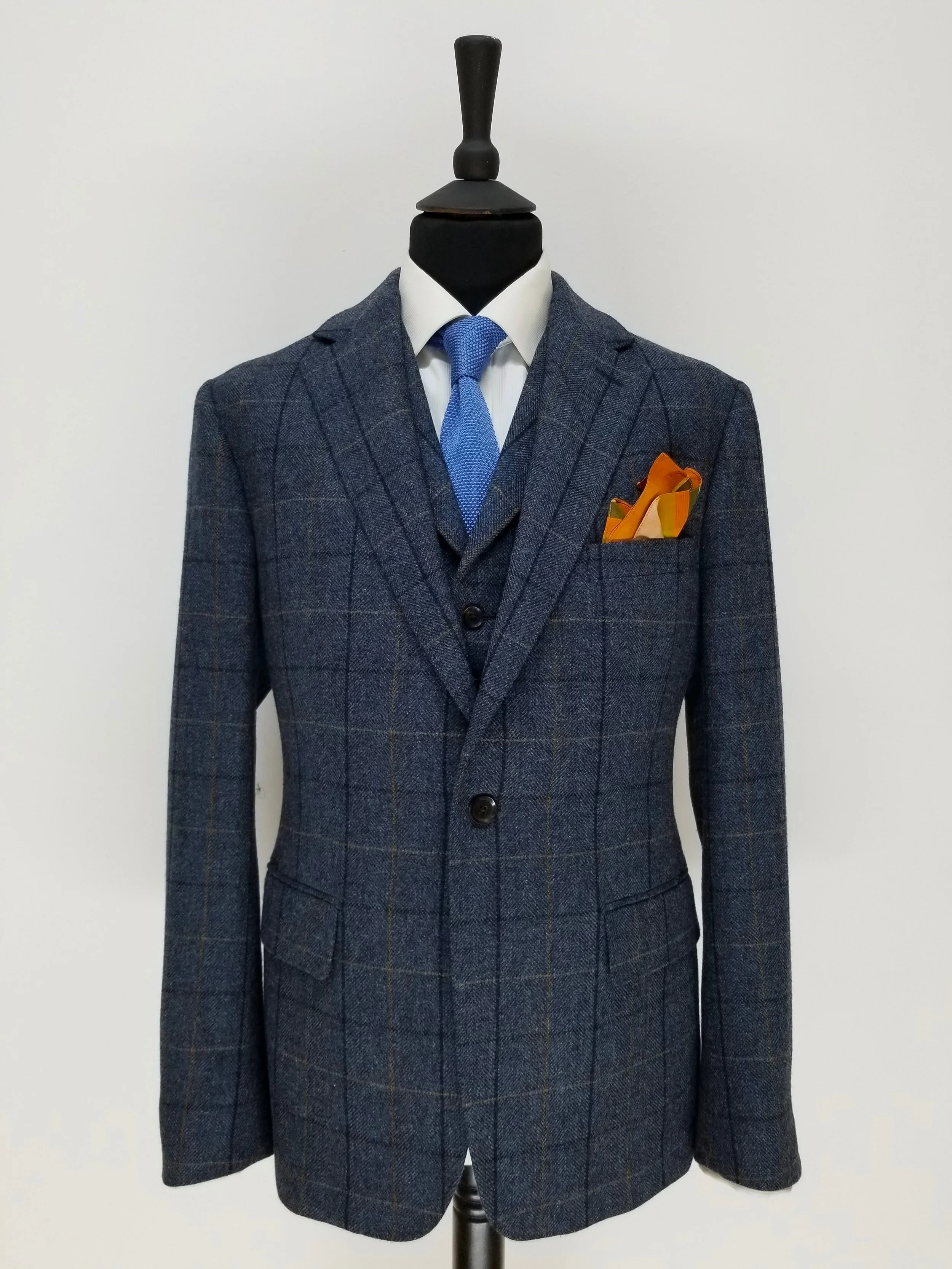 3 Piece Suit in Denim Blue Checked Tweed — TWEED ADDICT