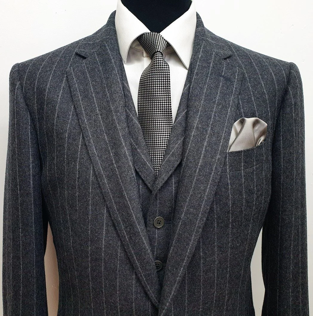 3 Piece Suit in Grey Flannel Chalk Stripe by HFW — TWEED ADDICT