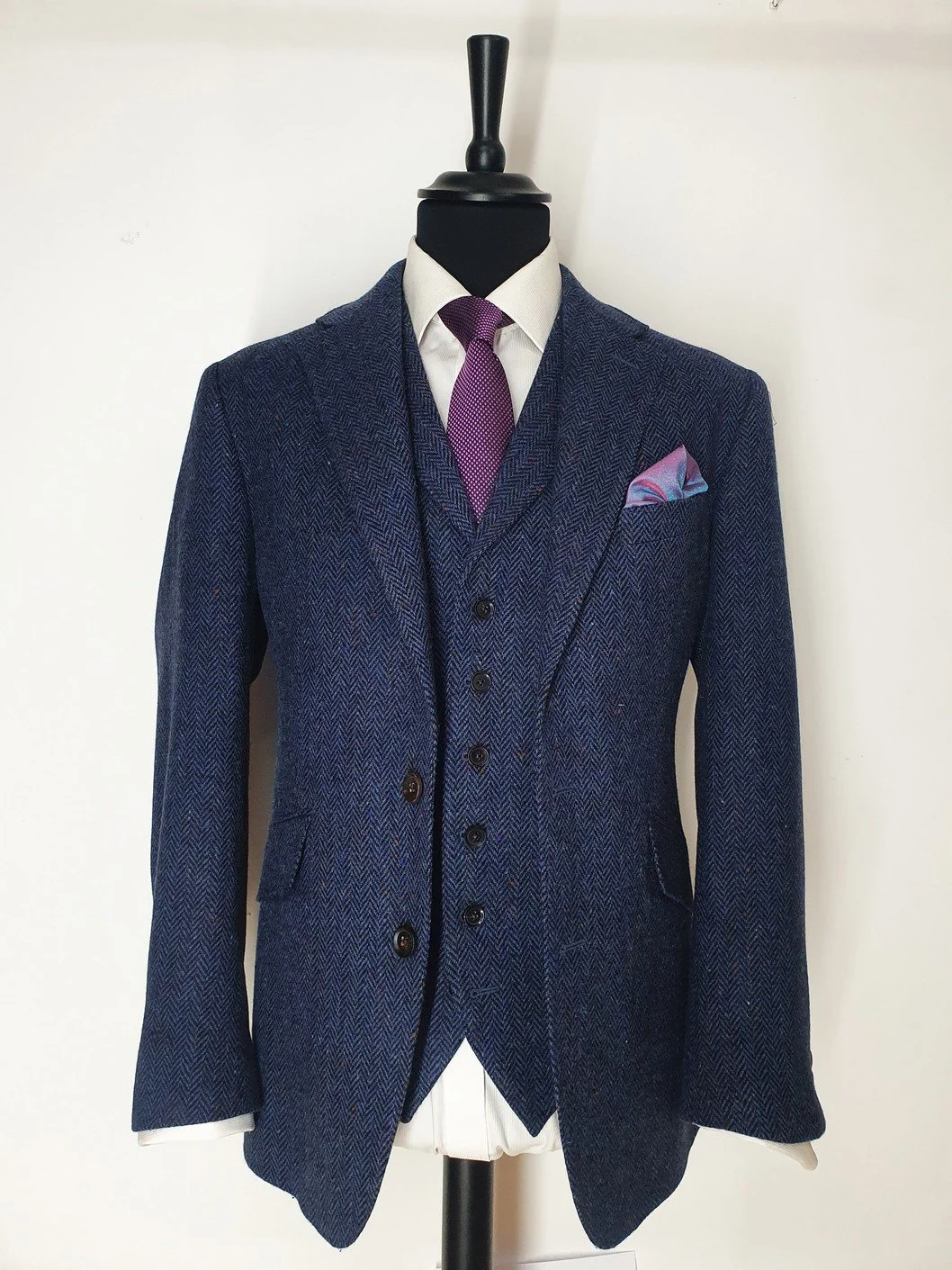 Blue Herringbone 3 Piece in Magee Donegal Tweed — TWEED ADDICT