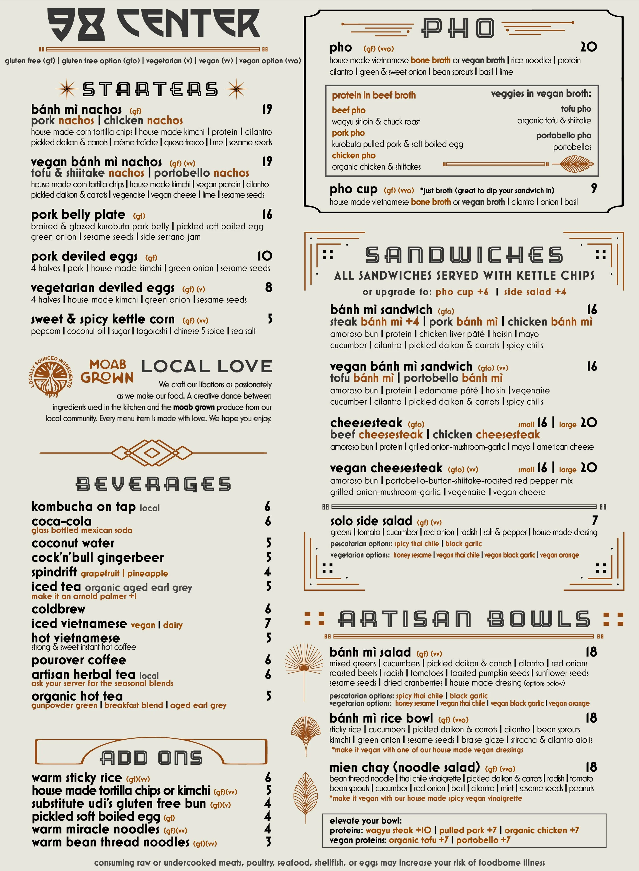 Lunch & Dinner Menu — 98 CENTER MOAB Restaurant