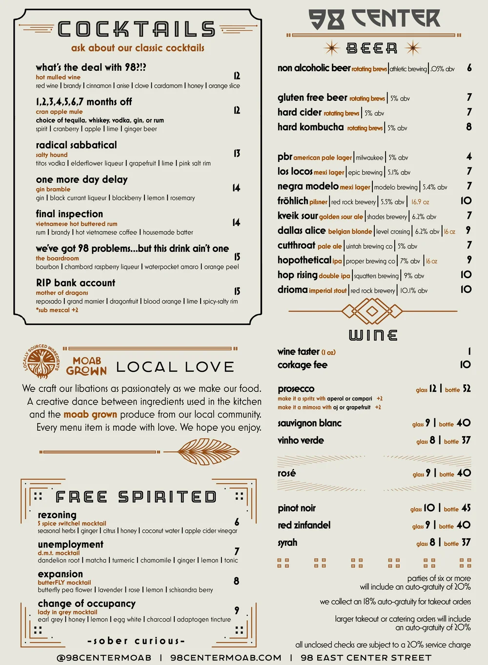 Lunch & Dinner Menu — 98 CENTER MOAB Restaurant