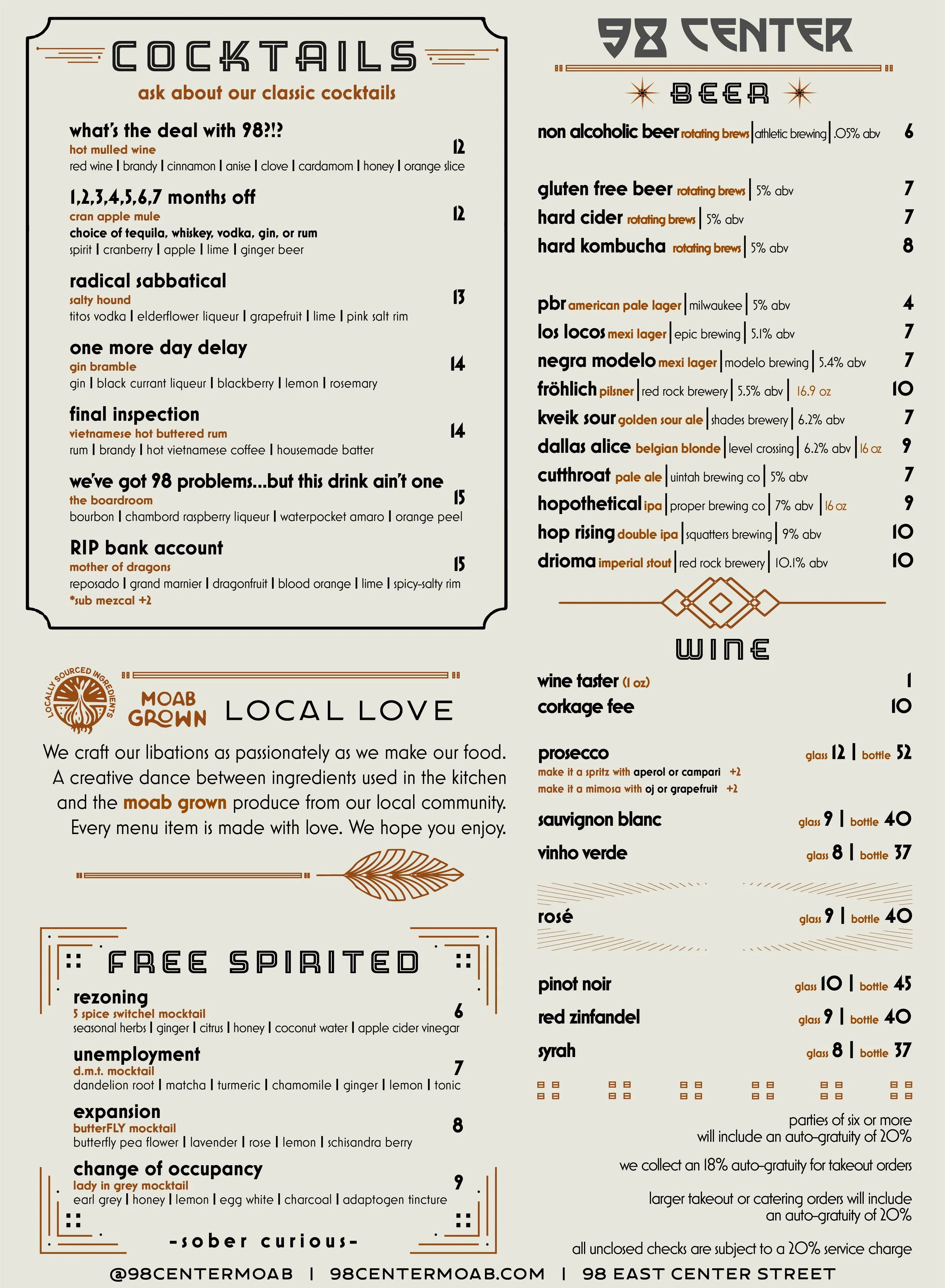 Lunch & Dinner Menu — 98 CENTER MOAB Restaurant