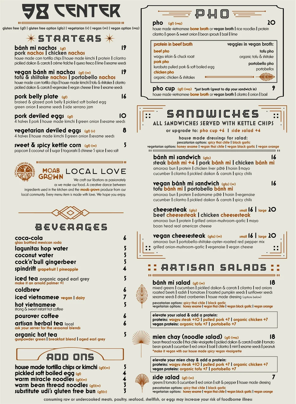 Lunch & Dinner Menu — 98 CENTER MOAB Restaurant