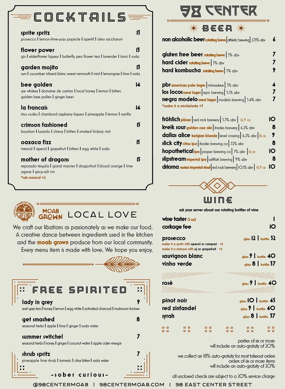 Lunch & Dinner Menu — 98 CENTER MOAB Restaurant