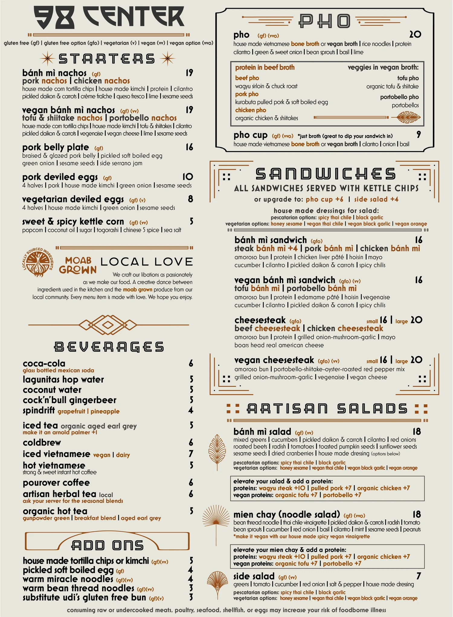 Lunch & Dinner Menu — 98 CENTER MOAB Restaurant