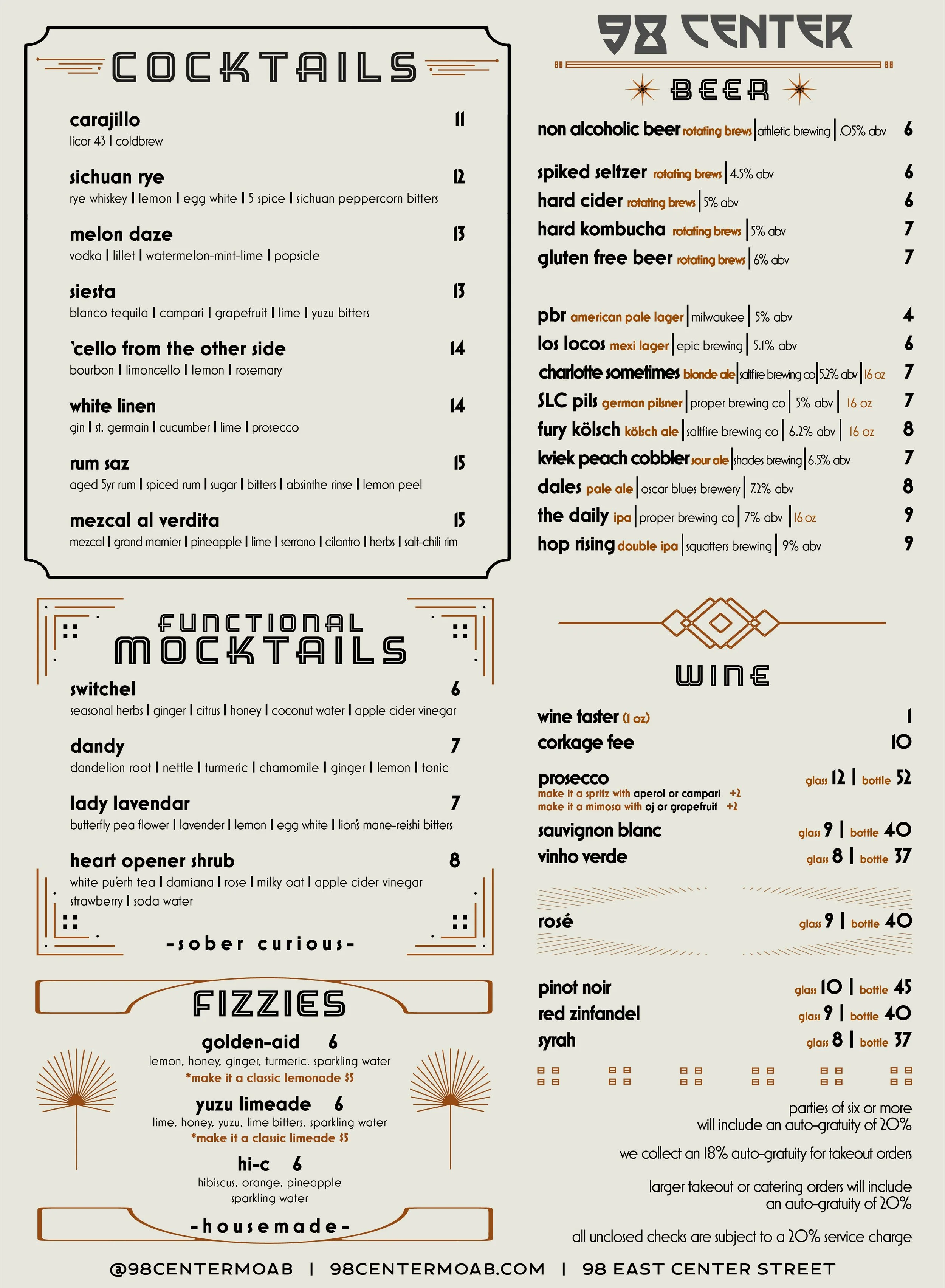 Lunch & Dinner Menu — 98 CENTER MOAB Restaurant