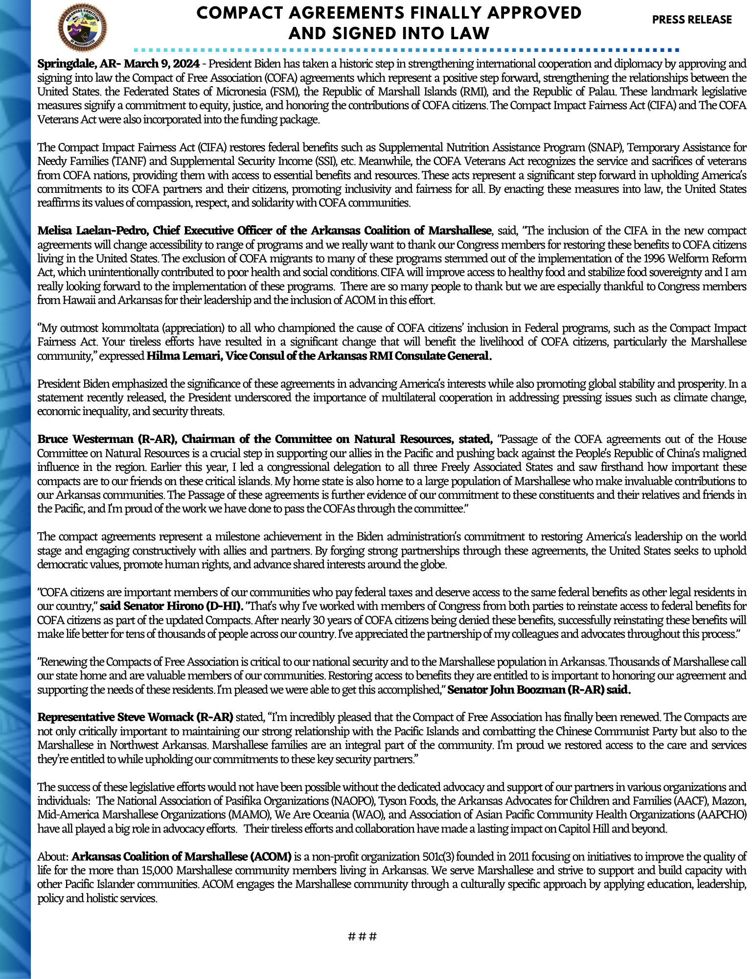 Marshallese & COFA Policy Advocacy — Arkansas Coalition of Marshallese