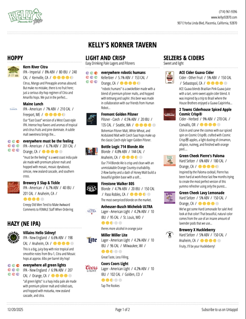 Menus — Kelly's Korner
