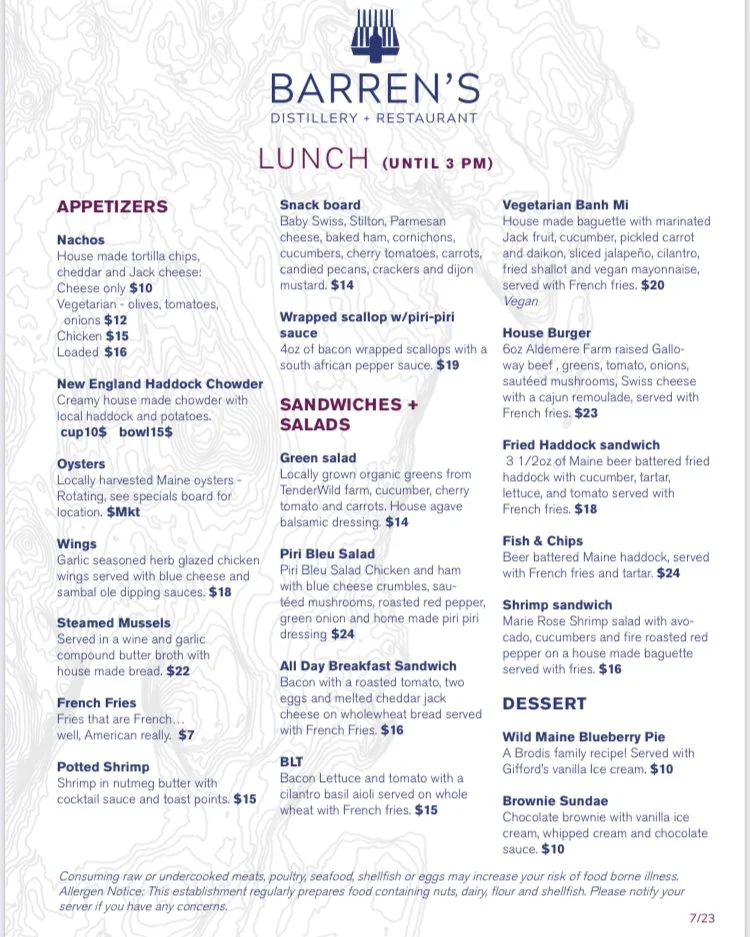 Menu — Barren's Distillery + Restaurant