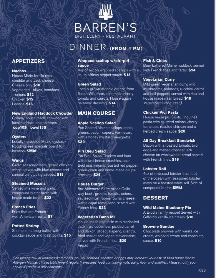 Menu — Barren's Distillery + Restaurant
