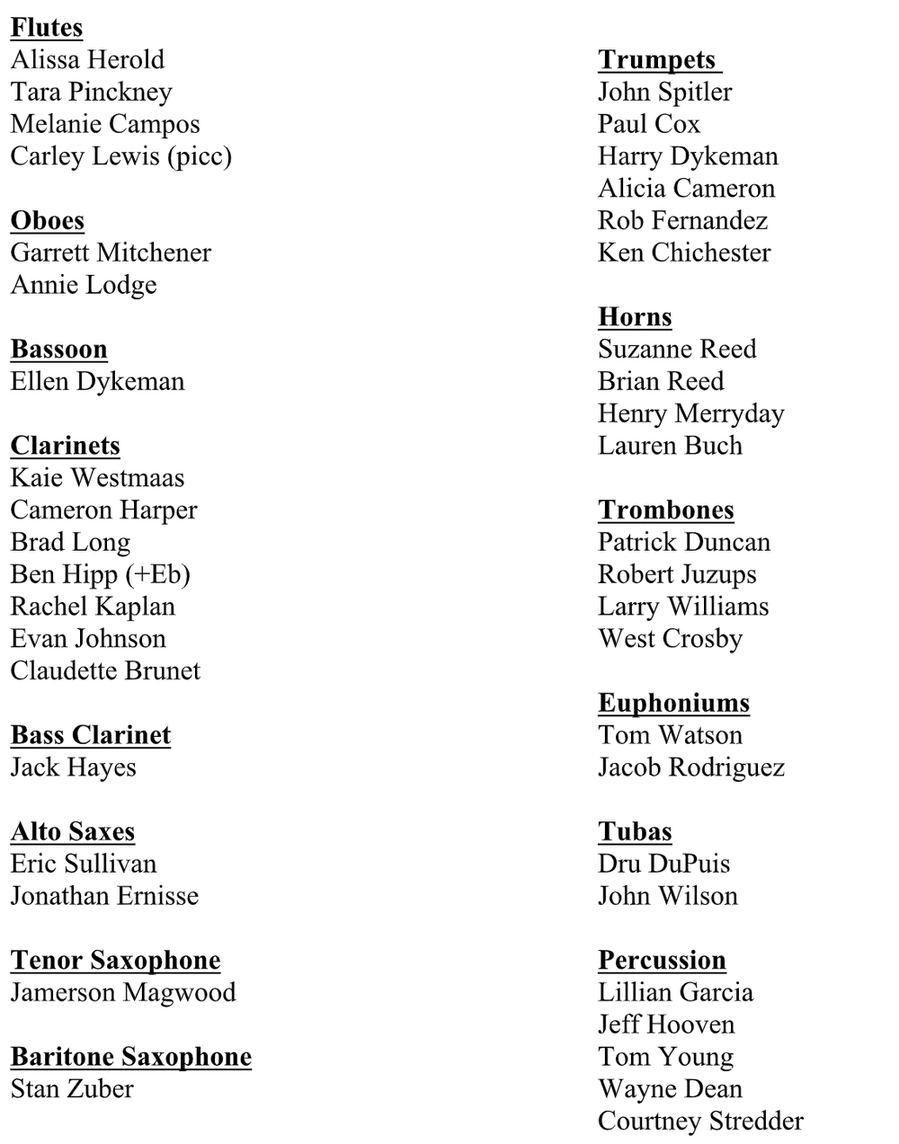 Wind Ensemble Roster — Charleston Concert Band