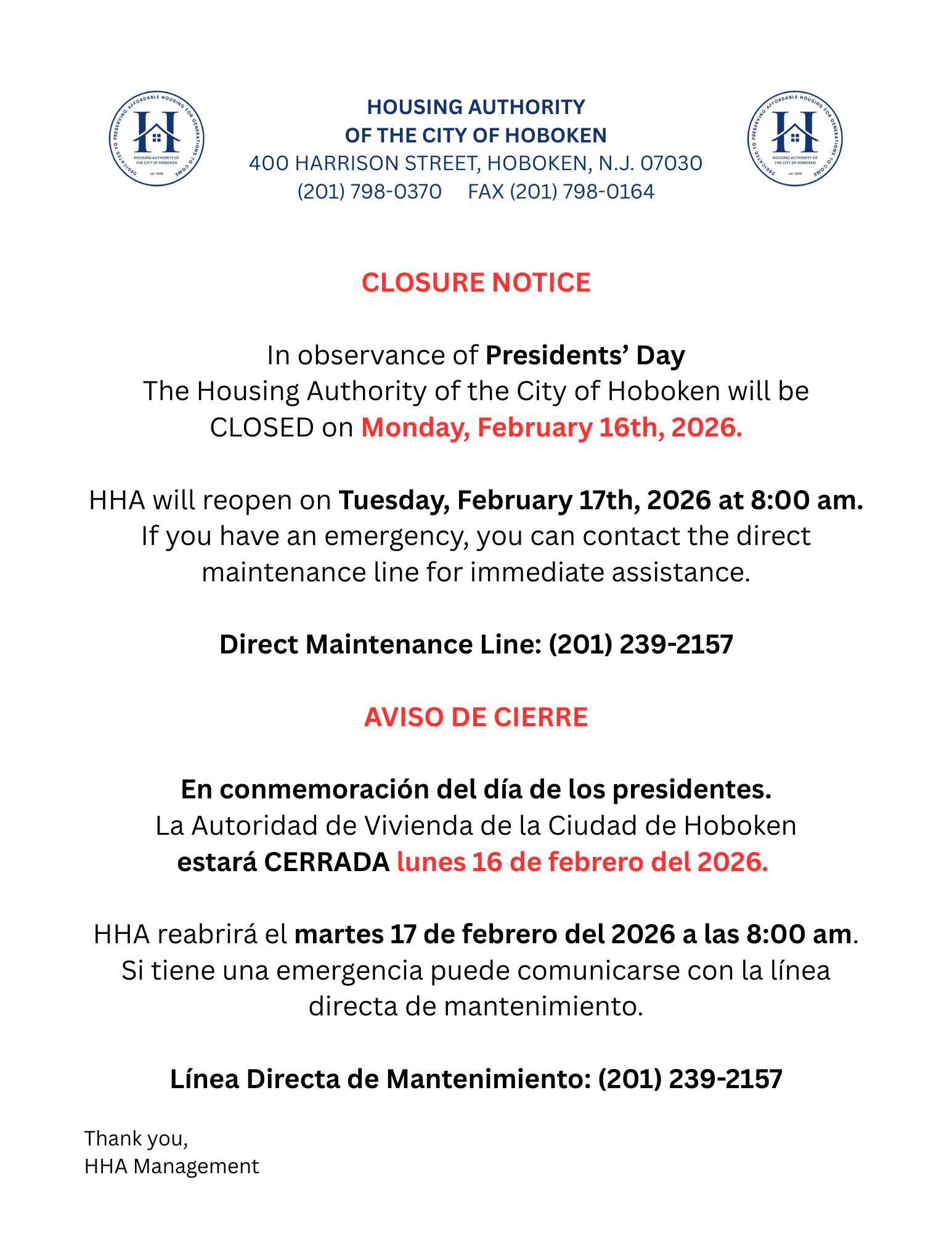 Closure Notice: Presidents’ Day / Aviso de Cierre: Dia del Presidente ...