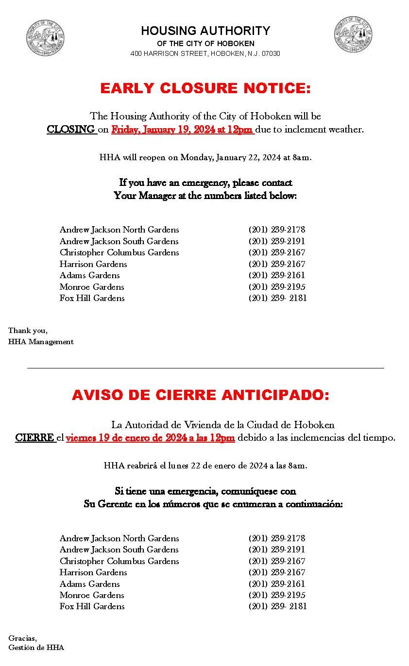 Early Closure Notice | Aviso de Cierre Anticipado — Hoboken Housing ...