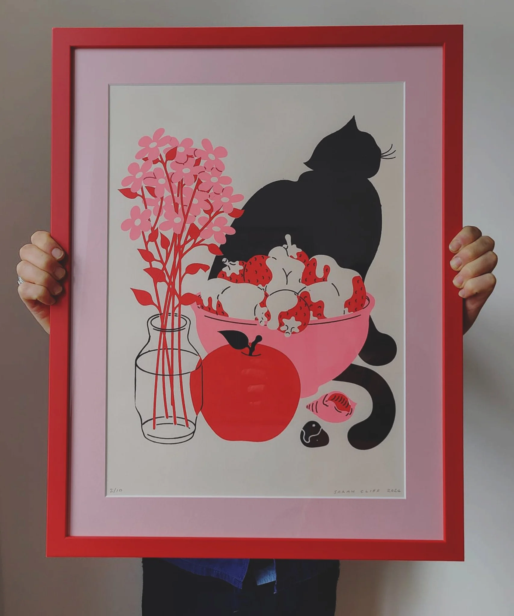 Strawberries and cream cat still life — Sarah Cliff Illustration