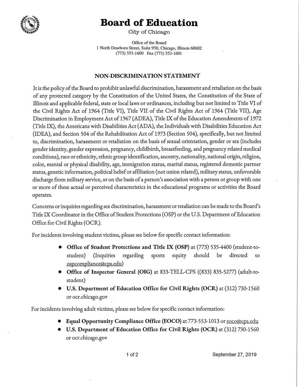 Non-Discrimination Statement — Ravenswood Elementary School