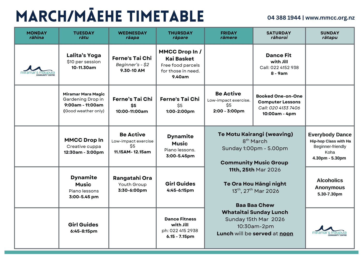 'What's On' Timetable — Miramar & Maupuia Community Centre