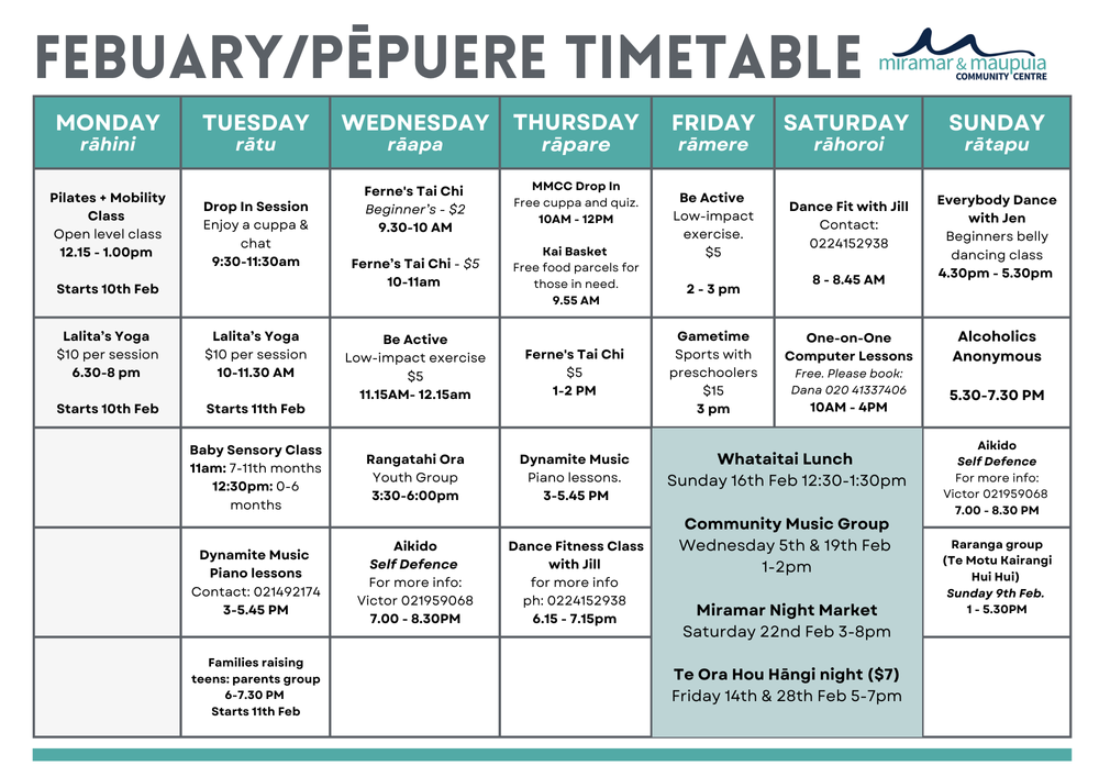 'What's On' Timetable — Miramar & Maupuia Community Centre
