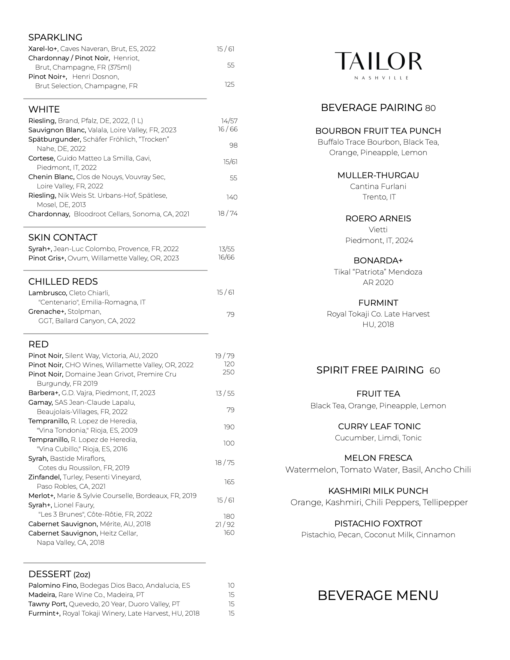 Menu — Tailor Nashville, A Unique Dining Experience