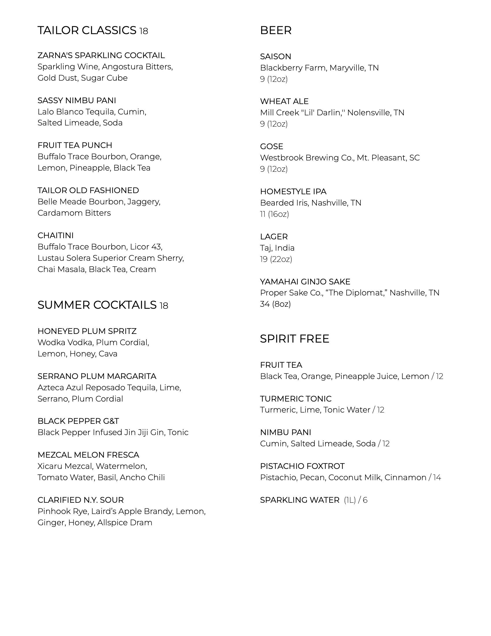 Menu — Tailor Nashville, A Unique Dining Experience