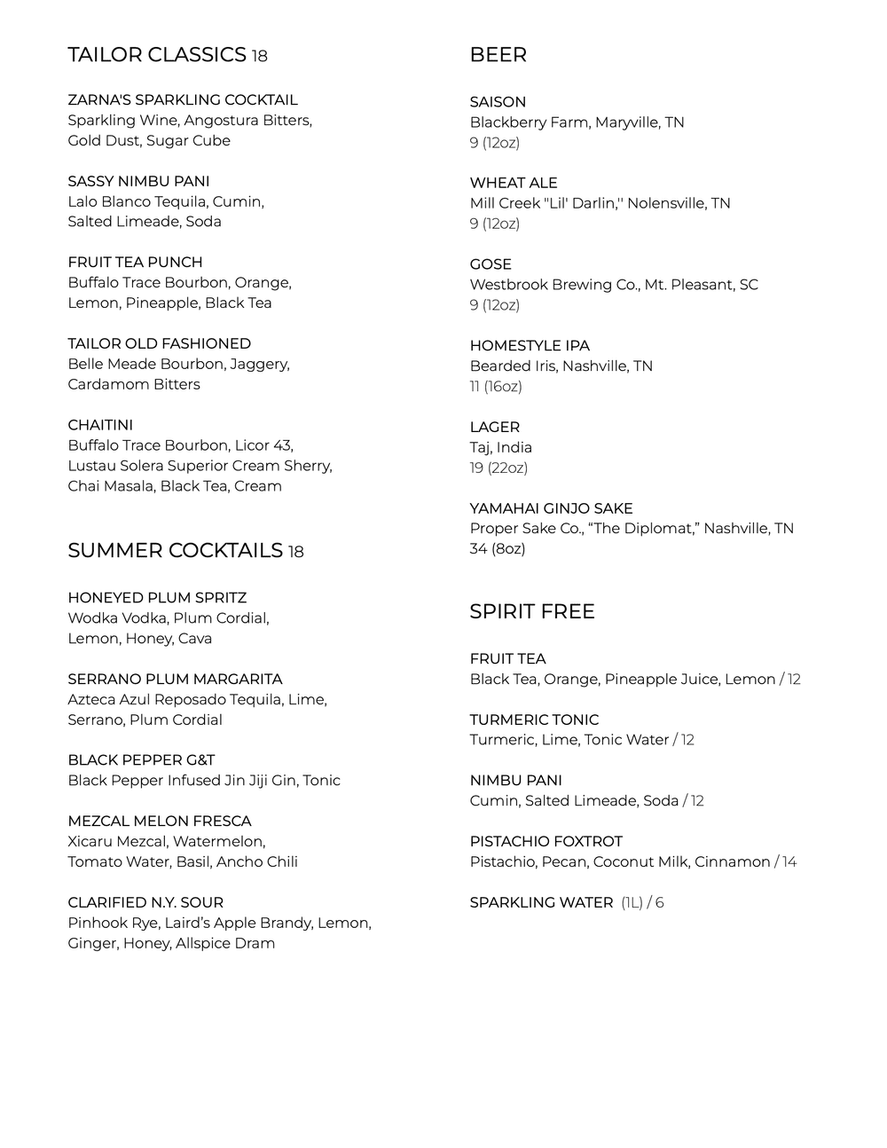 Menu — Tailor Nashville, A Unique Dining Experience