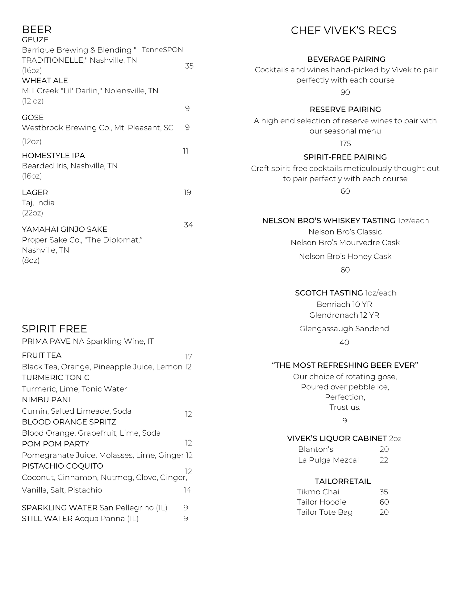 Menu — Tailor Nashville, A Unique Dining Experience