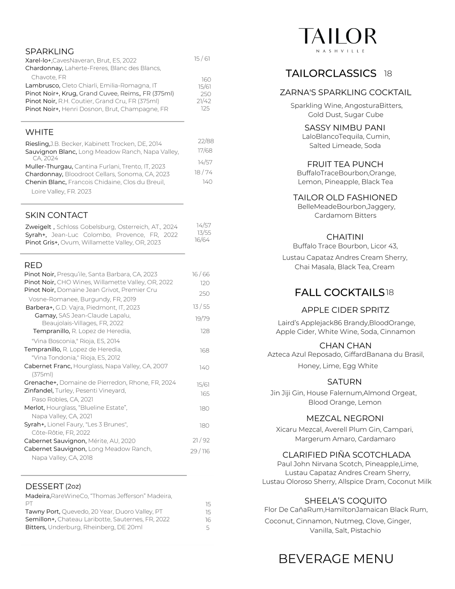 Menu — Tailor Nashville, A Unique Dining Experience