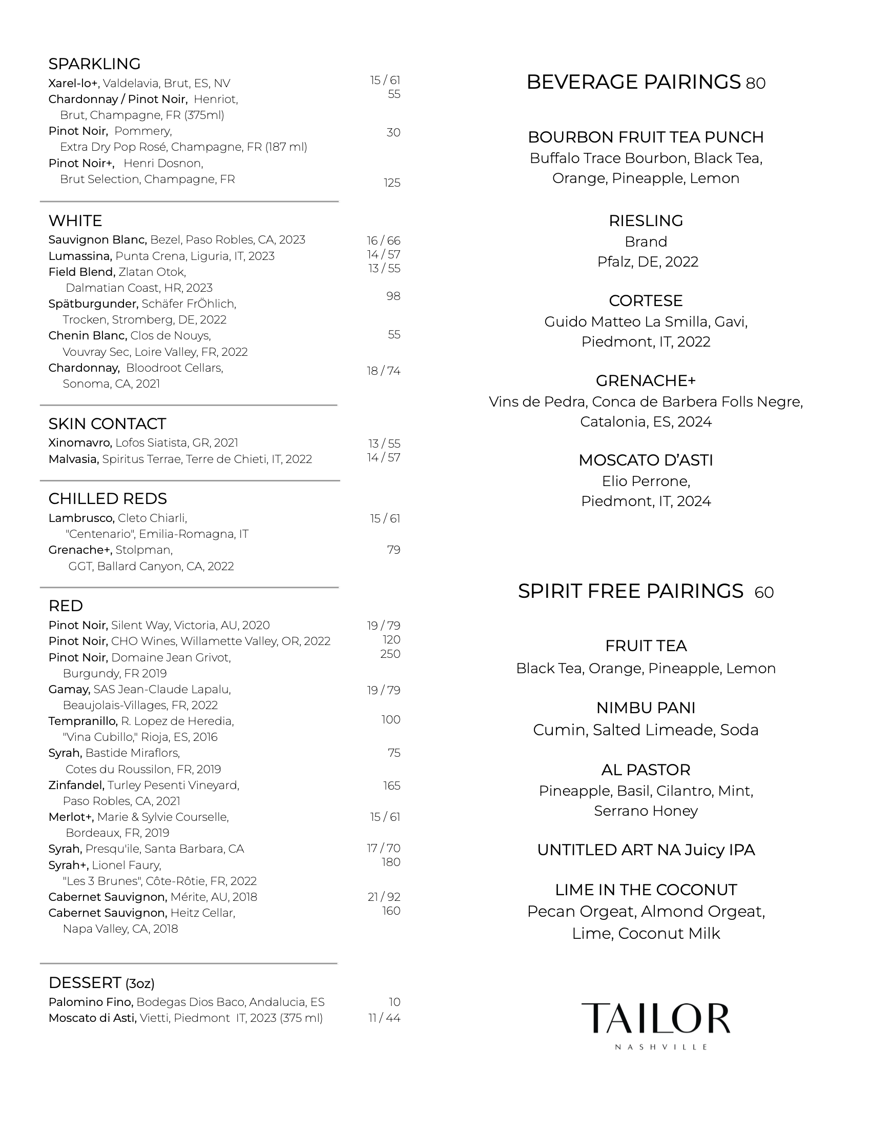 Menu — Tailor Nashville, A Unique Dining Experience