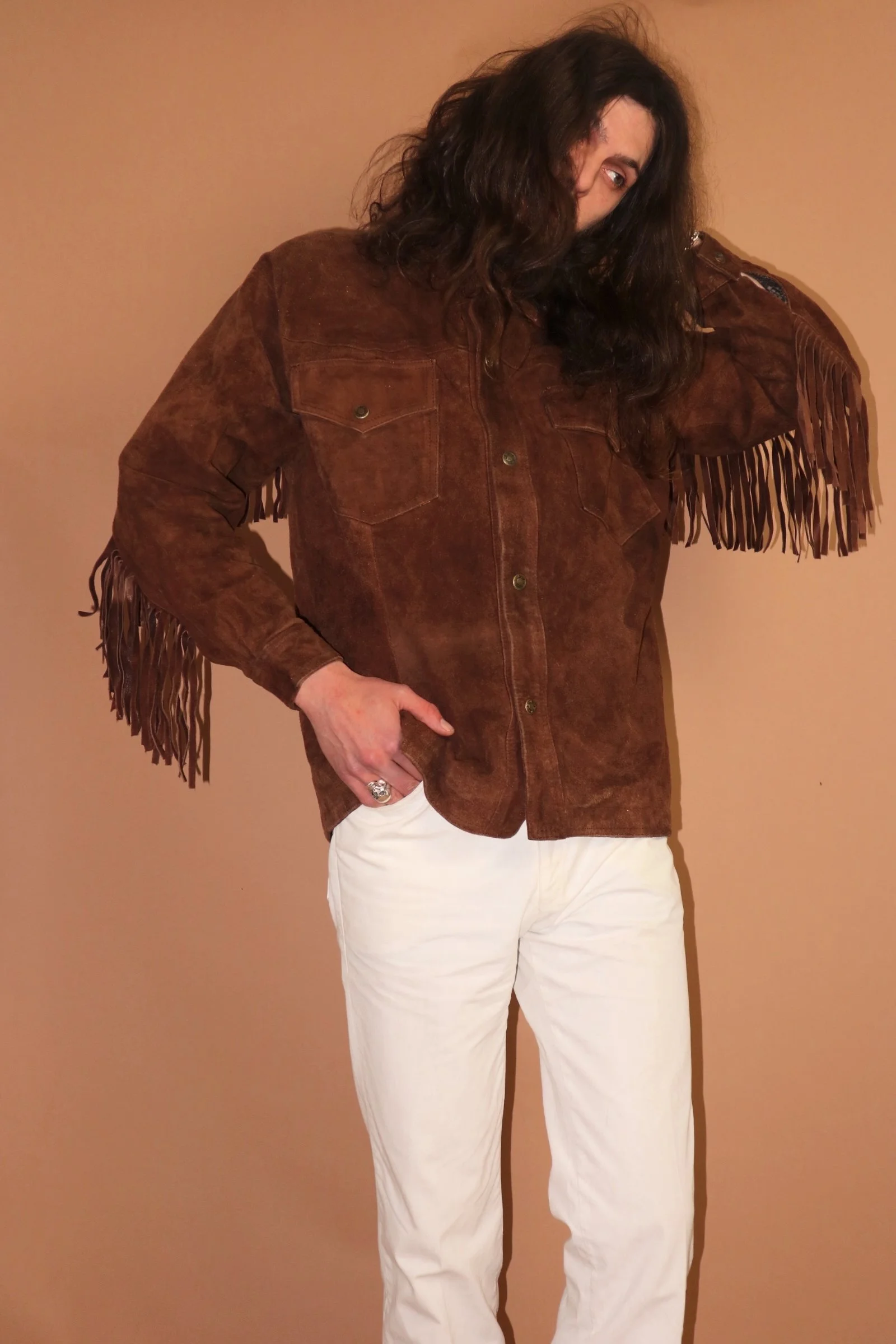 VINTAGE 80's BROWN LEATHER SUEDE POPPER BUTTON FRINGED JACKET - LARGE ...