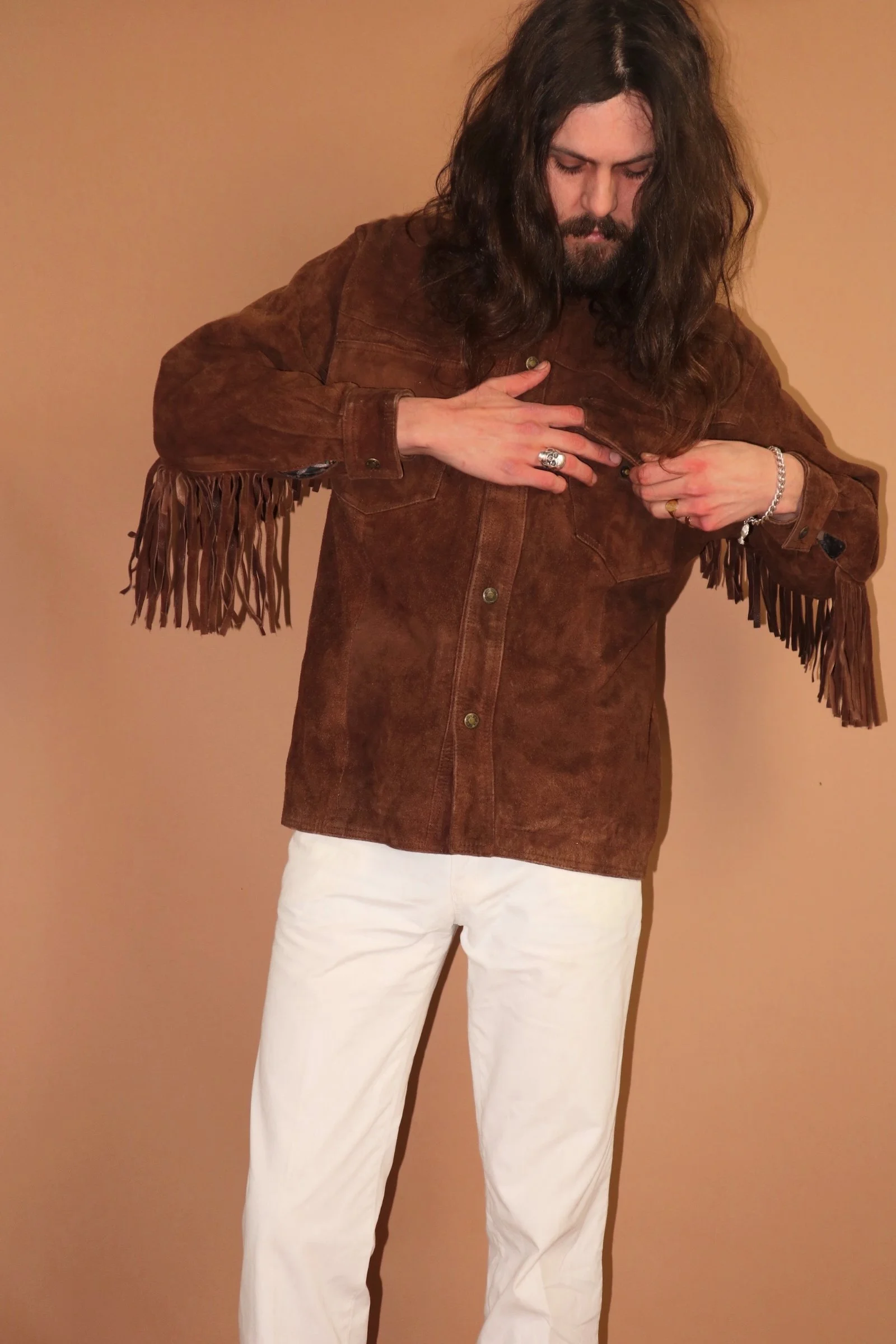 VINTAGE 80's BROWN LEATHER SUEDE POPPER BUTTON FRINGED JACKET - LARGE ...