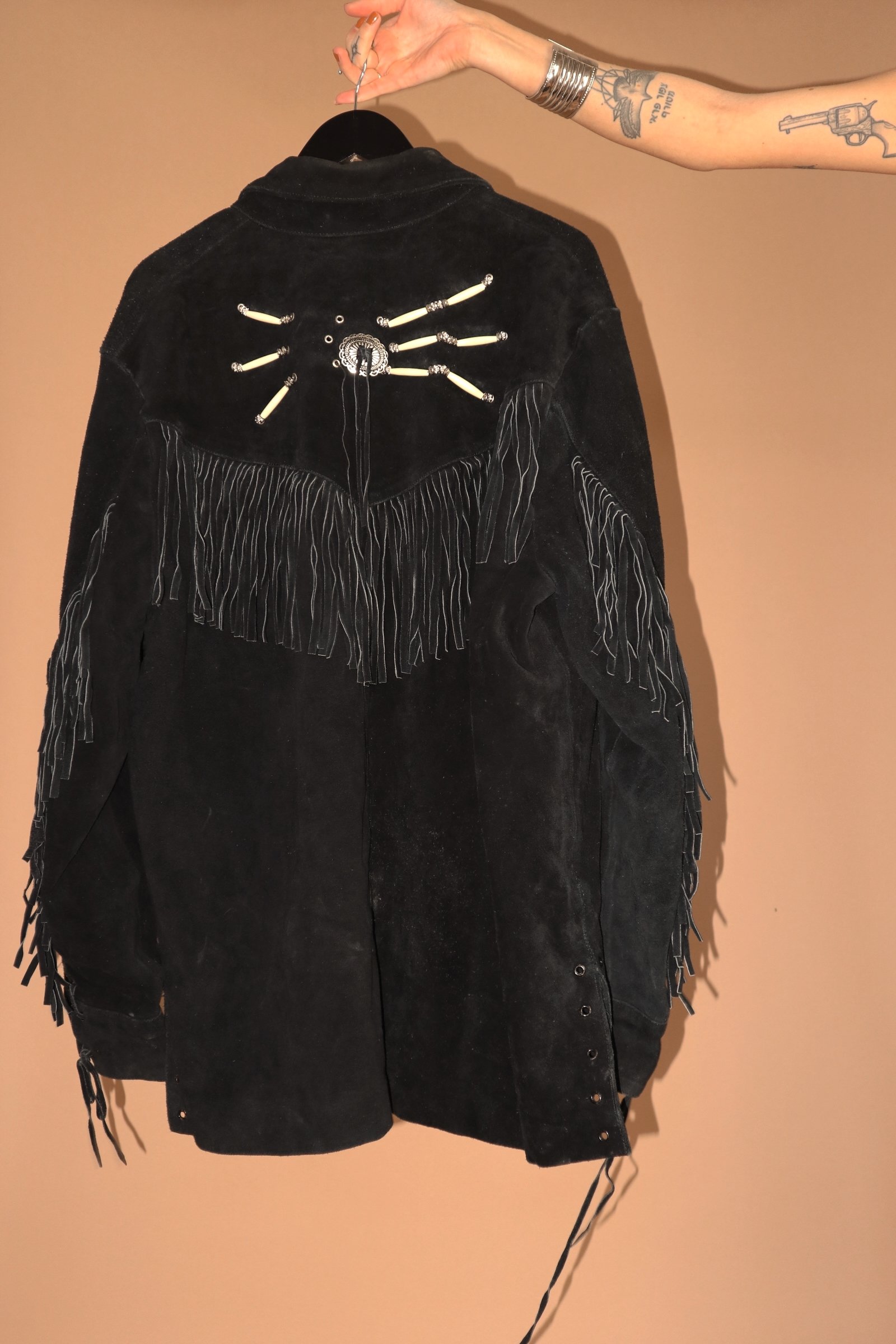 VINTAGE 80s BLACK SUEDE FRINGED CONCHO OVER SHIRT / DRESS - XL ...