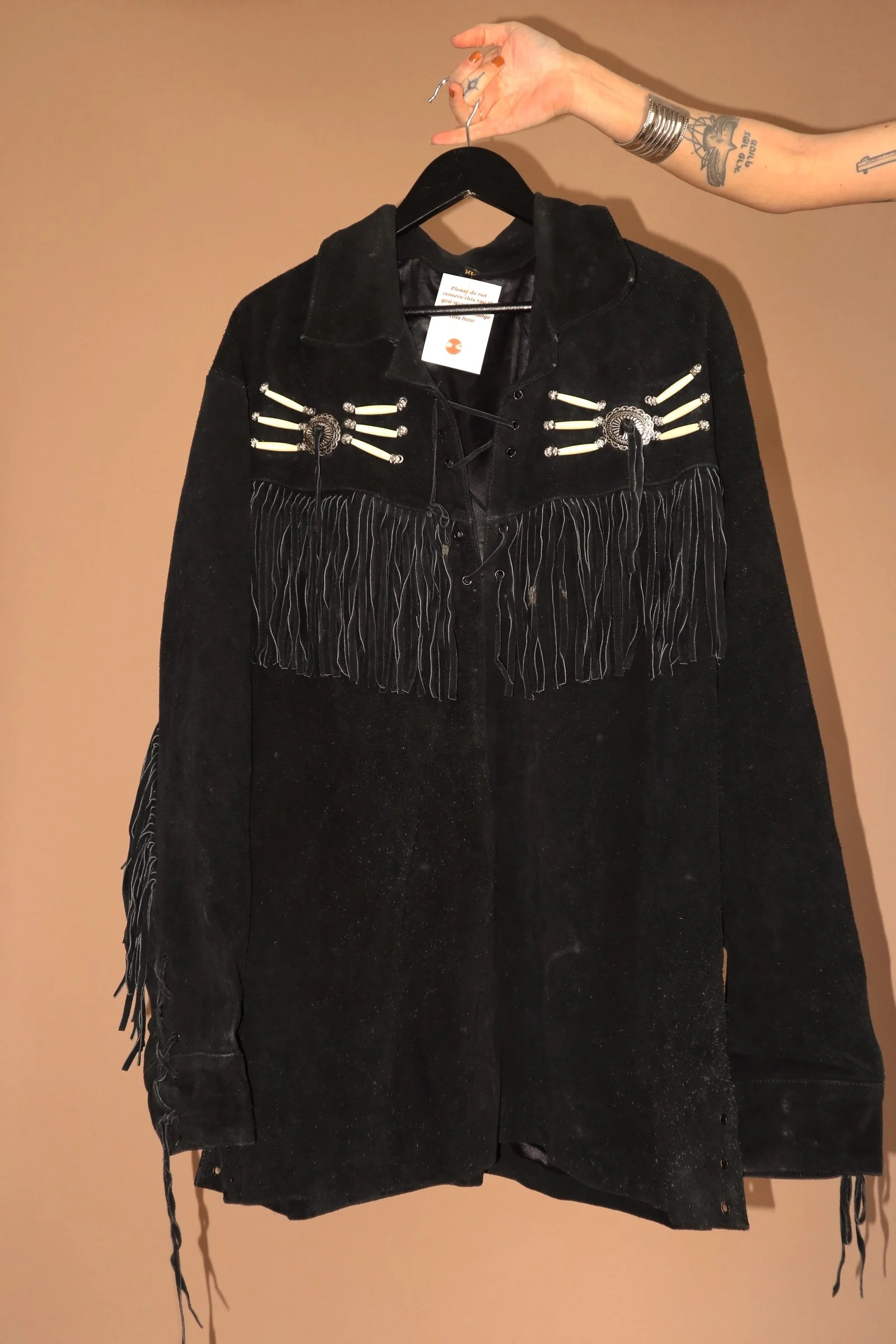 VINTAGE 80s BLACK SUEDE FRINGED CONCHO OVER SHIRT / DRESS - XL ...