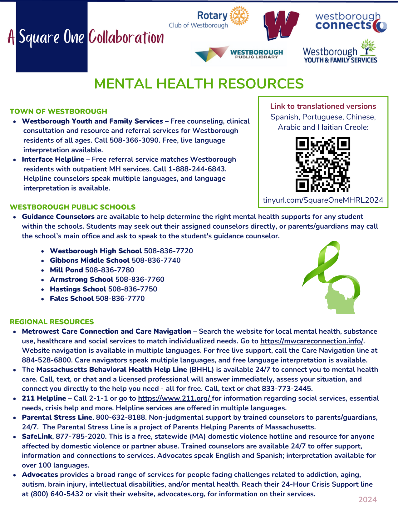 Mental Health Resources — Westborough Connects