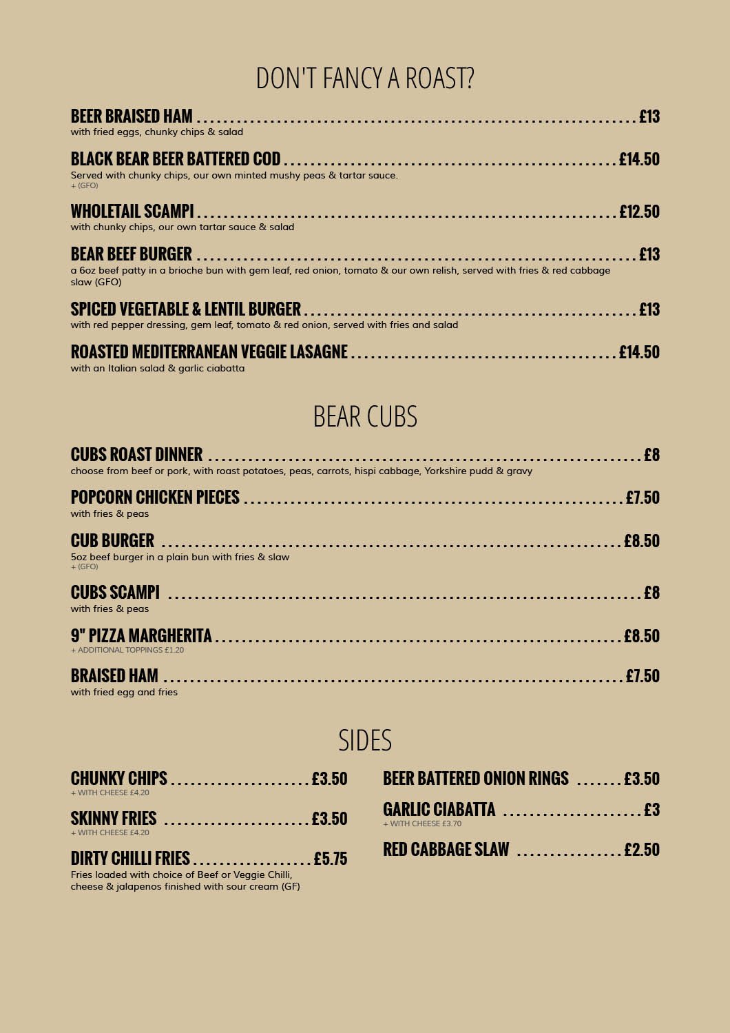 Sunday Menu — The Bear Inn