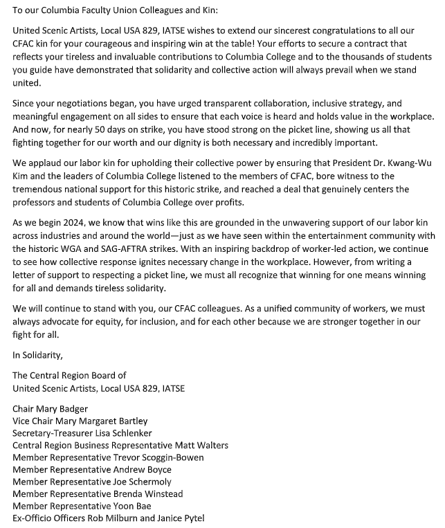 Letters of Support — Columbia College Faculty Union