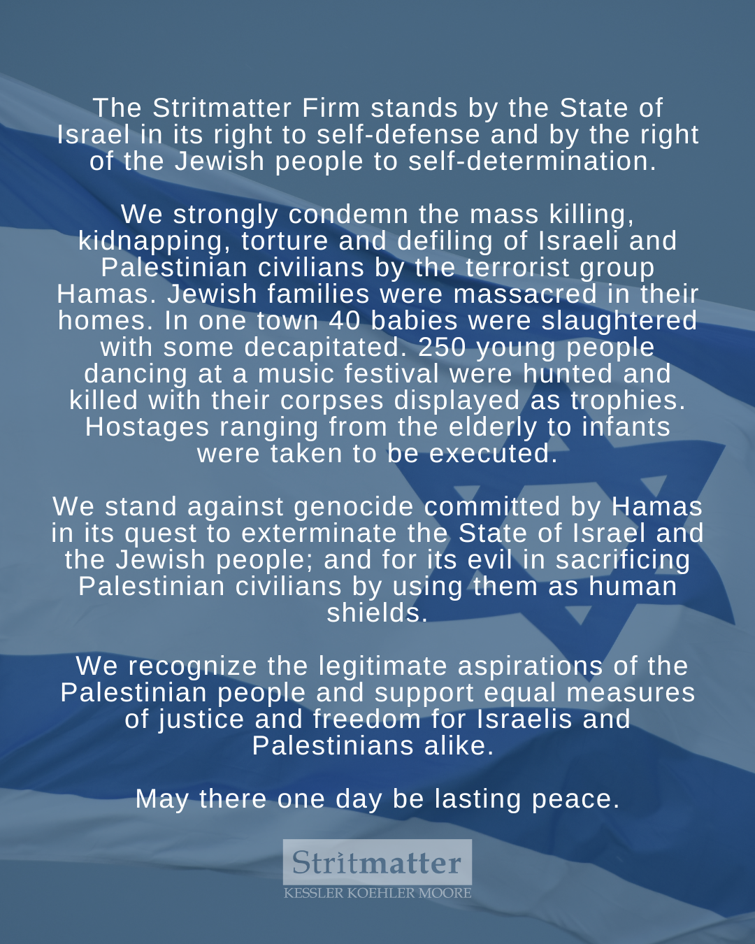 Statement in Support of Israel and the Jewish people - Stritmatter Law