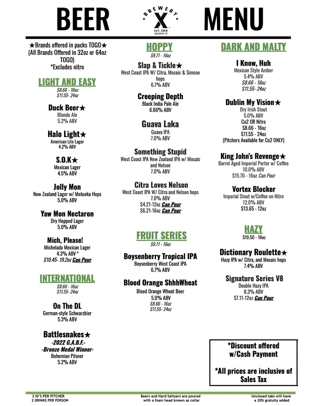 Menu — Brewery X