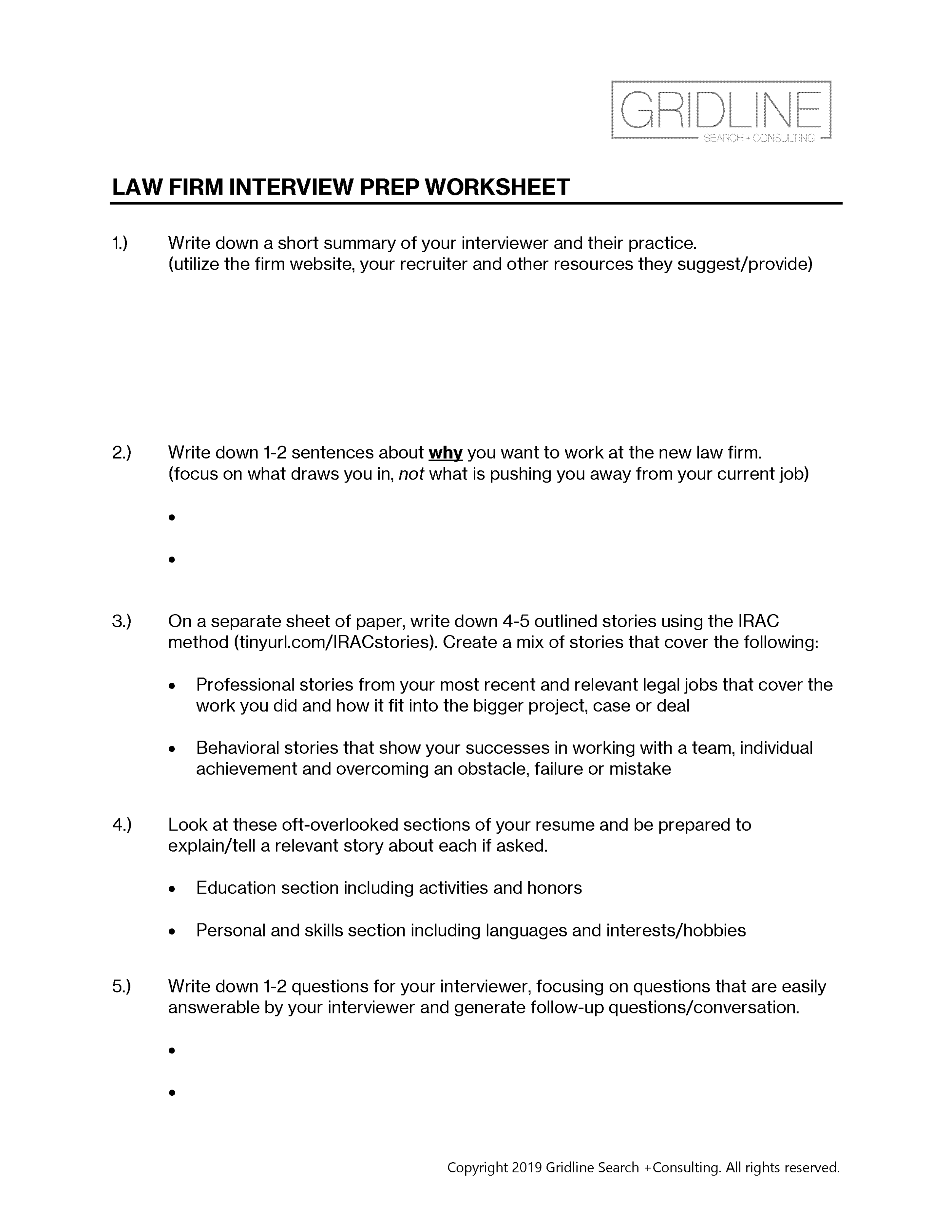Prep Worksheet for Law Firm Interviews — Gridline Search + Consulting