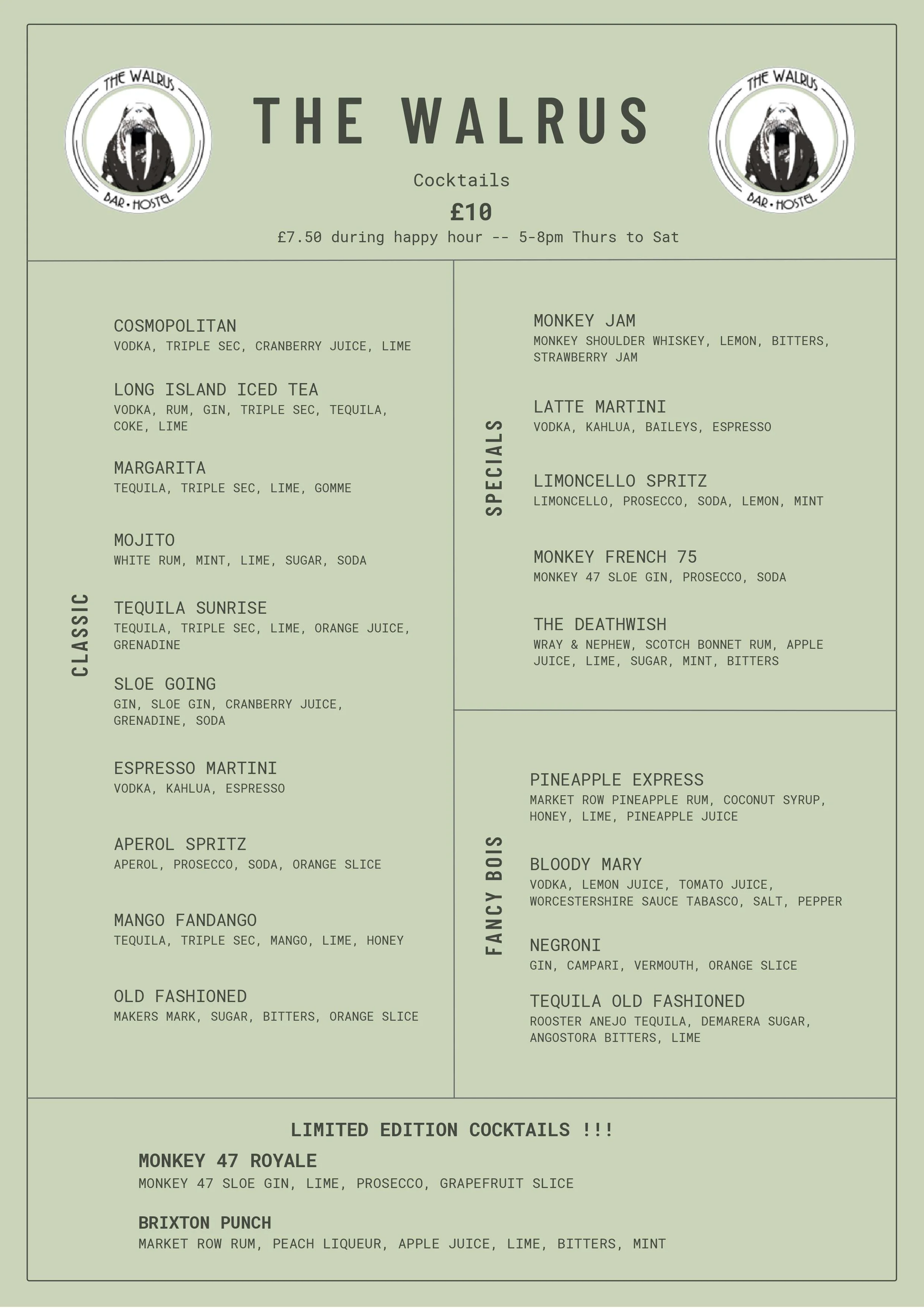 Bar Menu — The Walrus Bar & Hostel