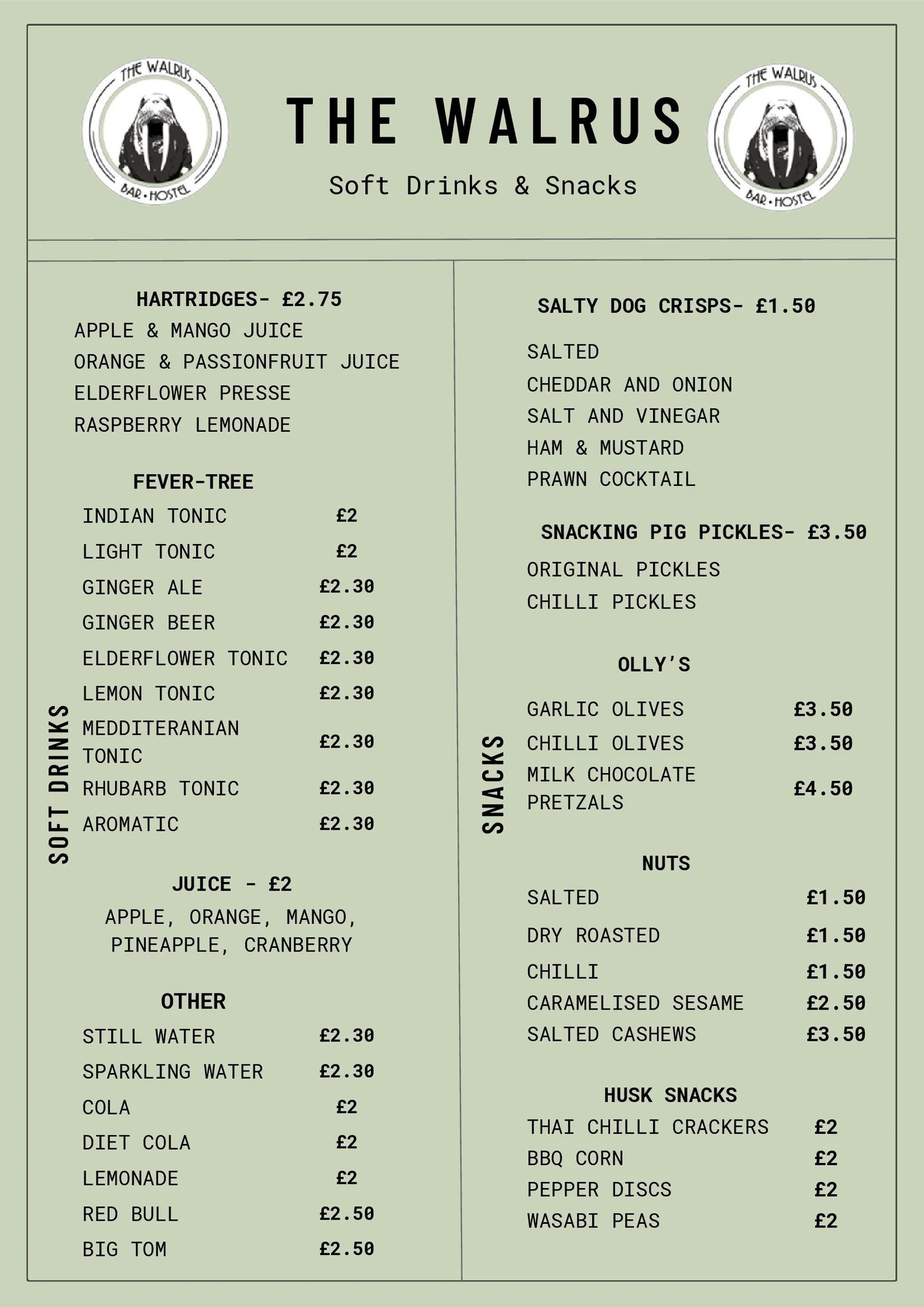 Bar Menu — The Walrus Bar & Hostel